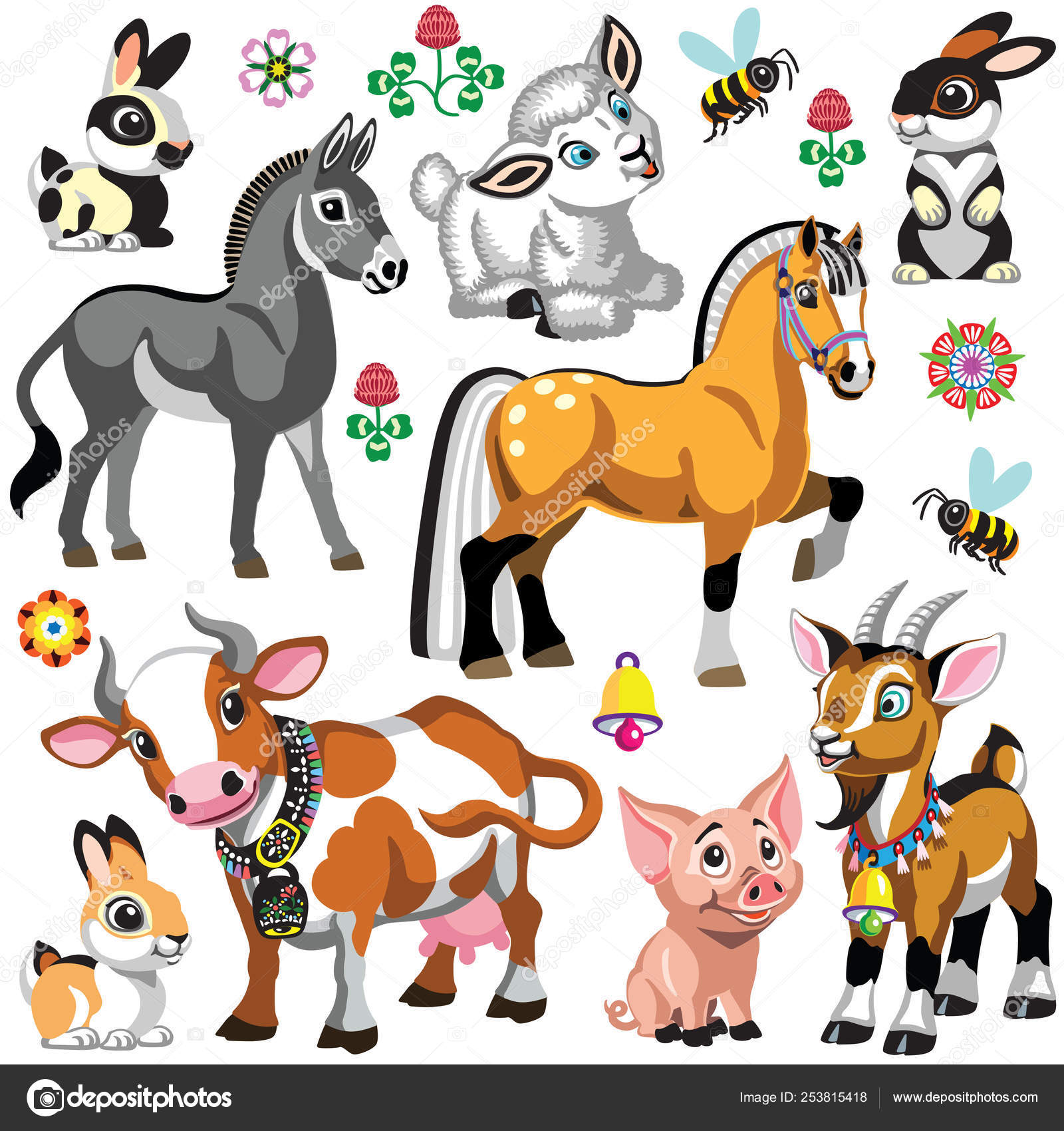 Set Cartoon Farm Animals Collection Baby Little Kid Vector ...