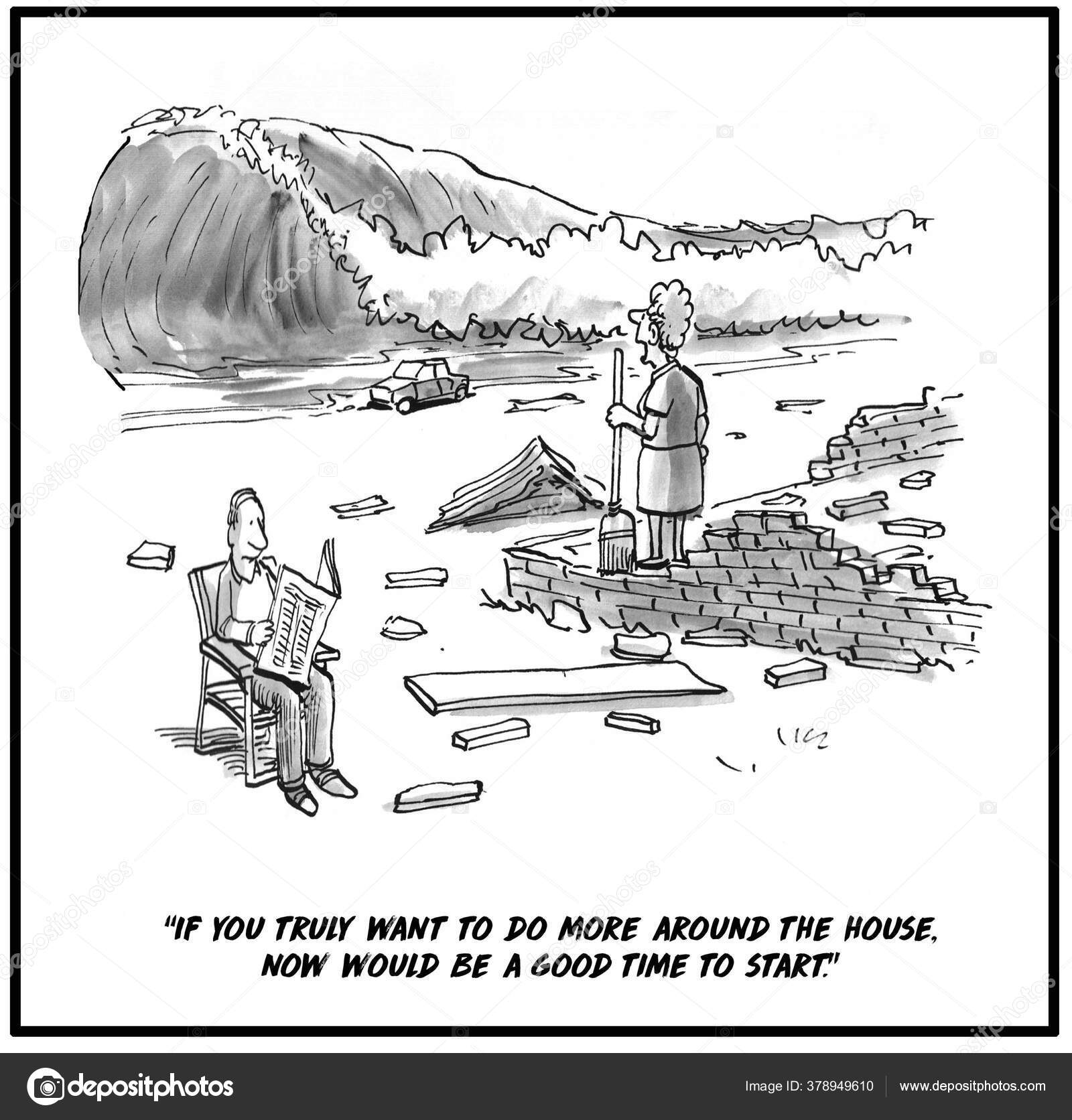 Cartoon Showing Devastated House Woman Cleaning Man Reading Paper ...