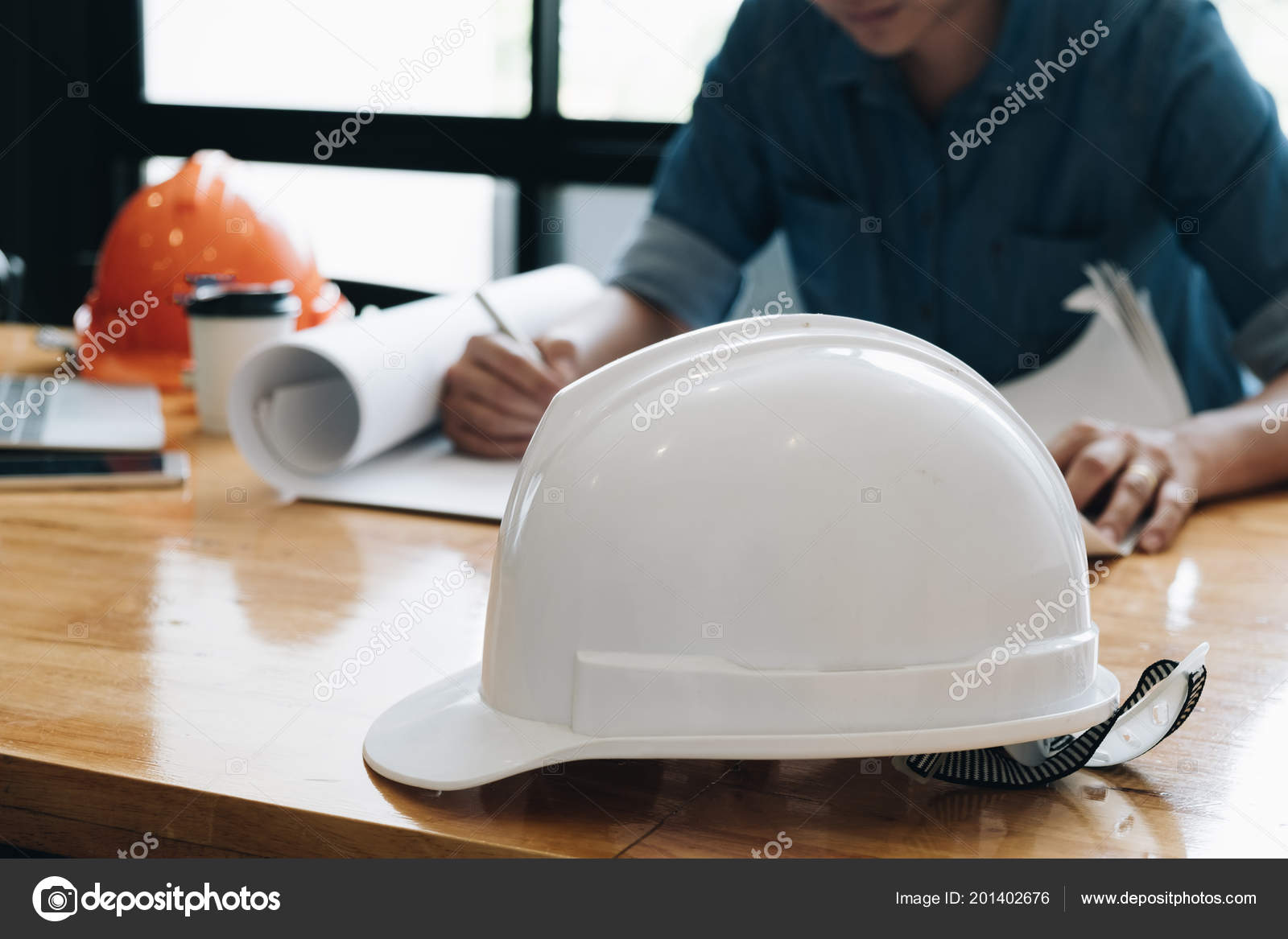Safety Helm Yong Architect Man Working Blueprints Yong Engineer ...