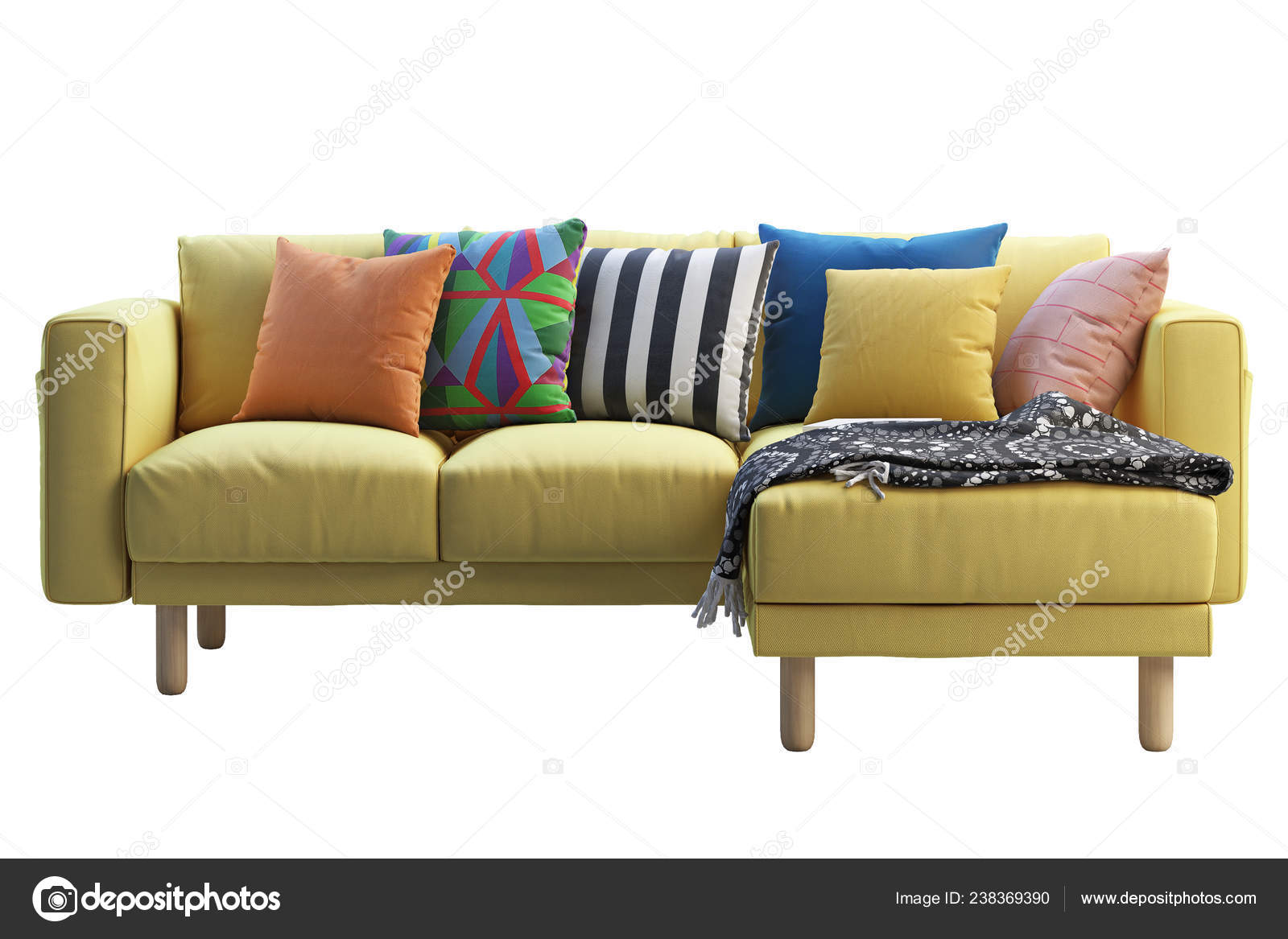 Modern Yellow Fabric Sofa Chaise Lounge Sofa Colored Pillows Plaid ...