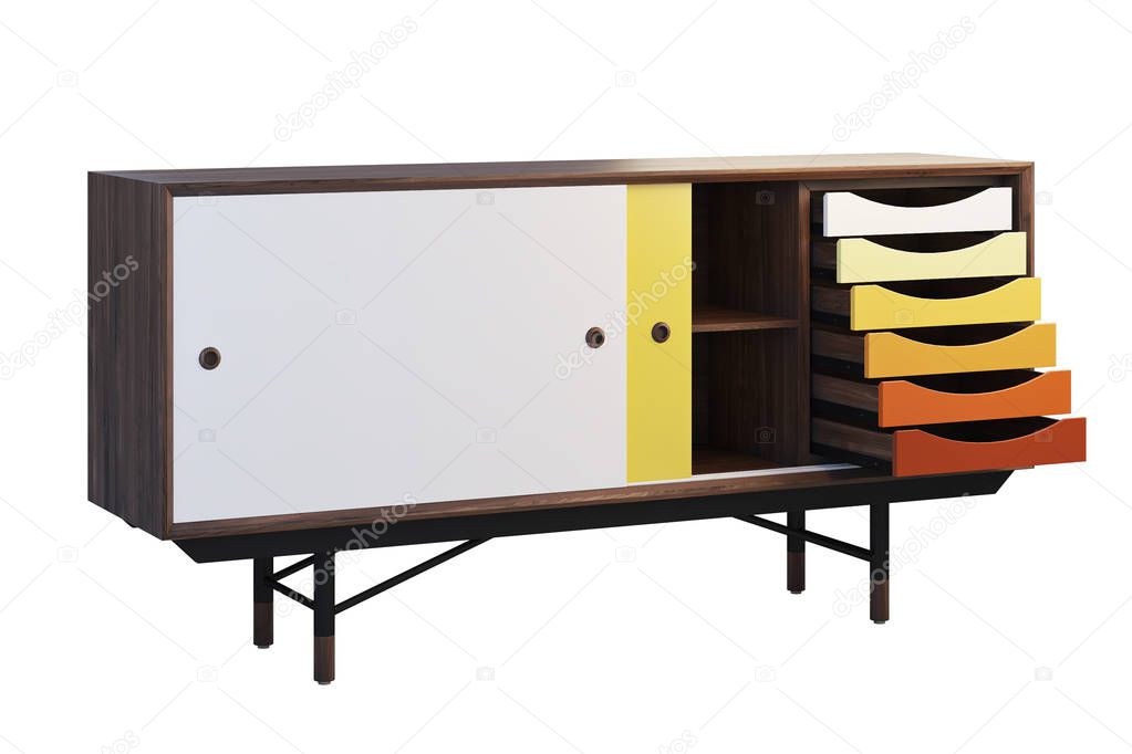 Aparador con estantes retráctiles en las piernas. 3d renderizar 2023