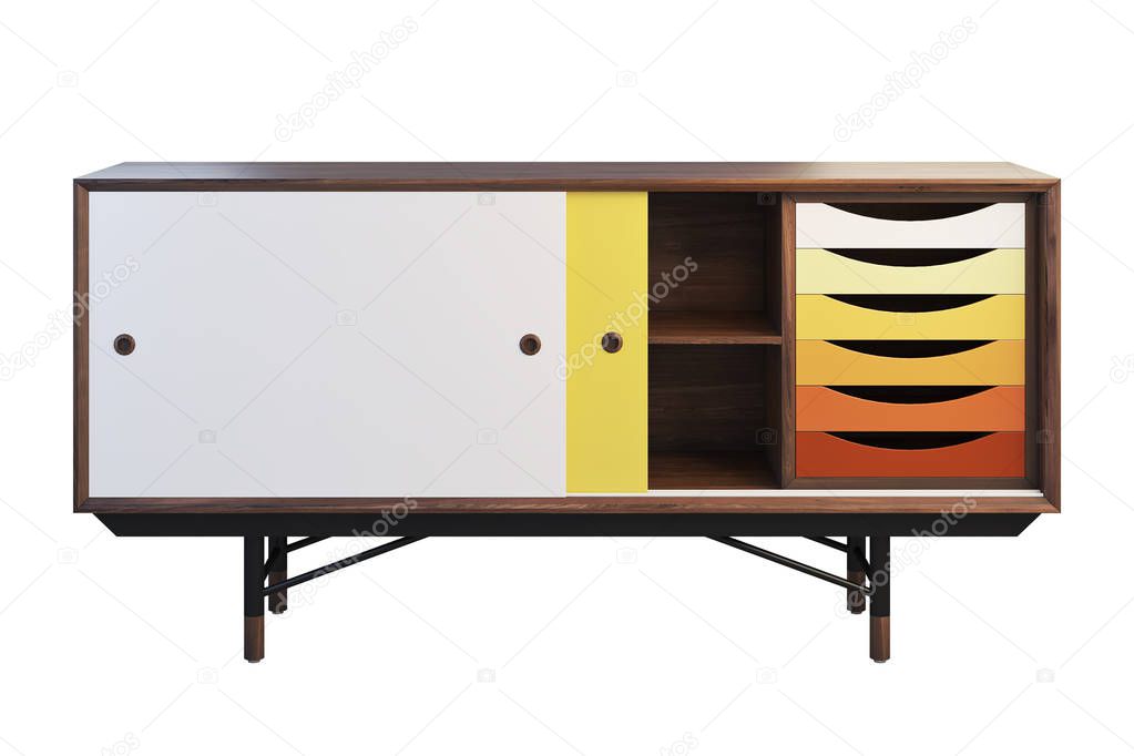 Aparador con estantes retráctiles en las piernas. 3d renderizar 2022