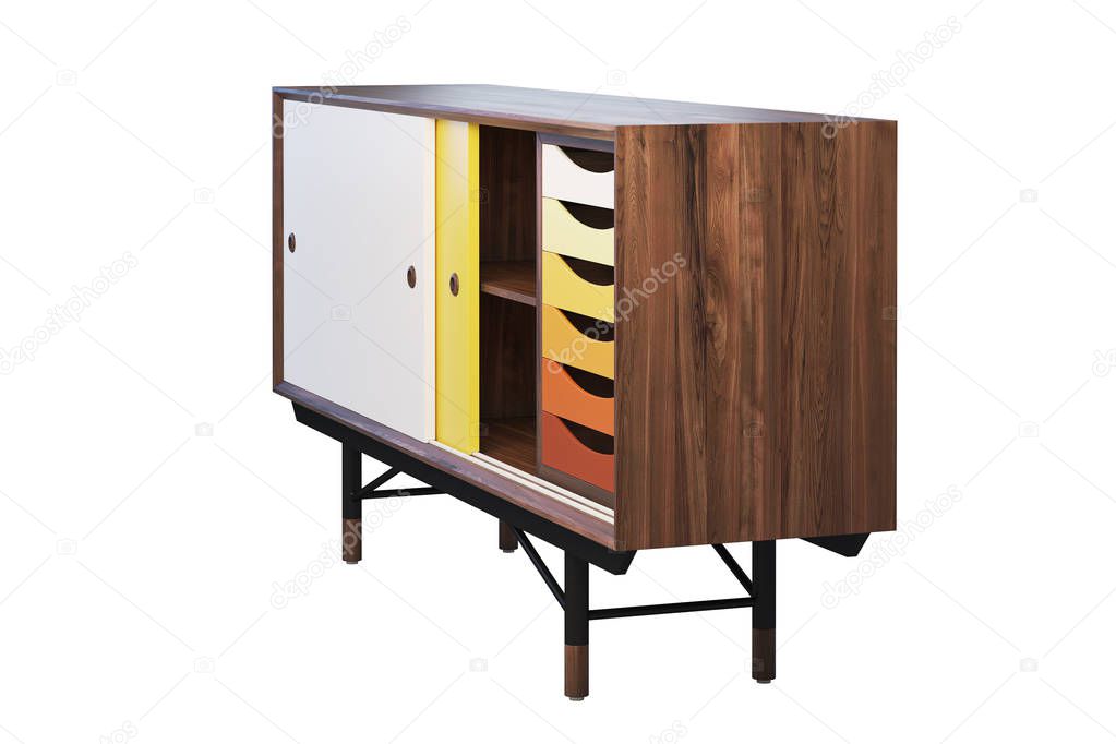 Aparador con estantes retráctiles en las piernas. 3d renderizar 2024