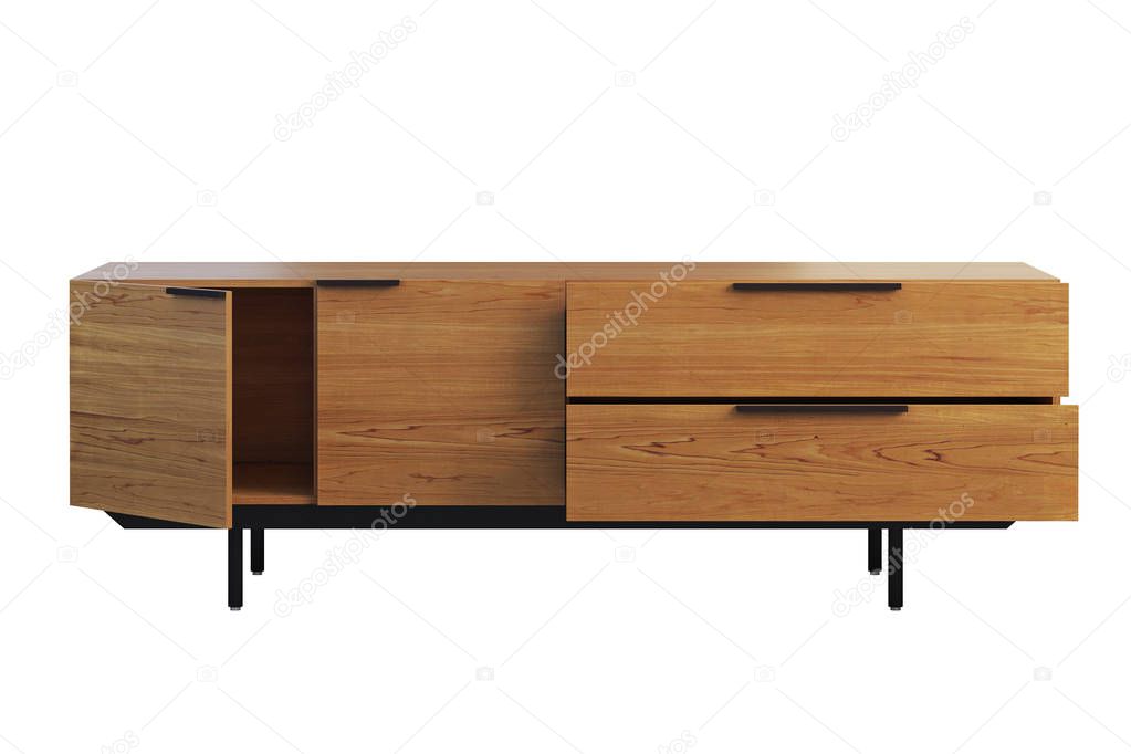 Aparador de madera con estantes retráctiles. 3d renderizar 2024