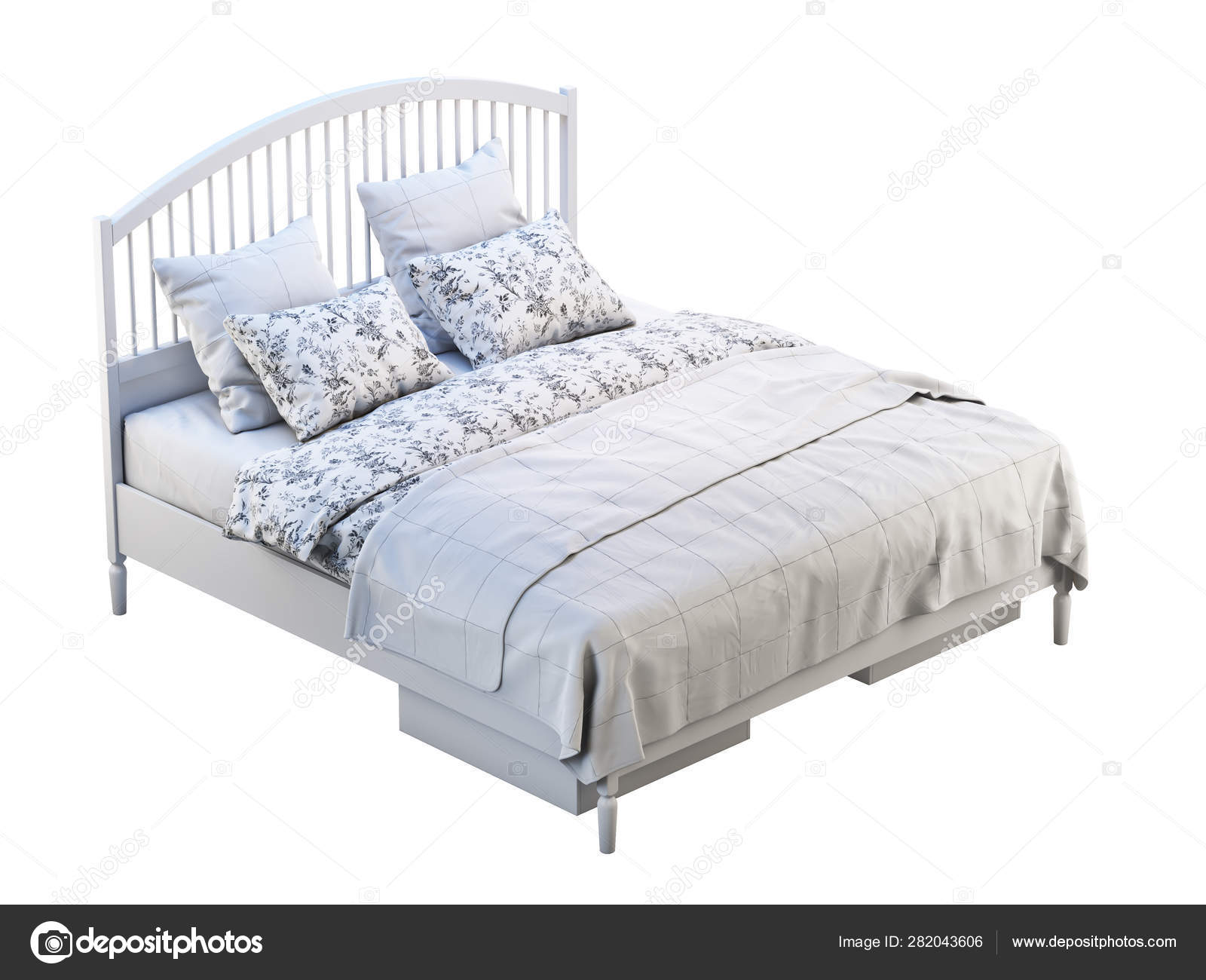 Scandinavian double bed with pattern linen and storage boxes. 3d render ...