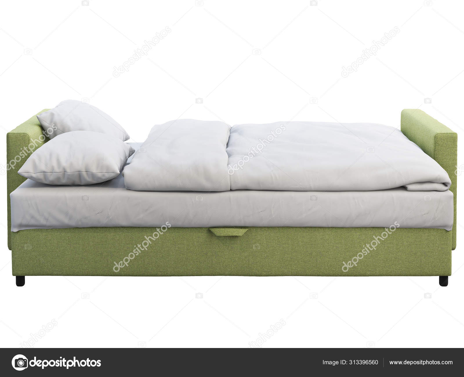 Modern unfolded green fabric sofa-bed with white bed linen. 3d render ...