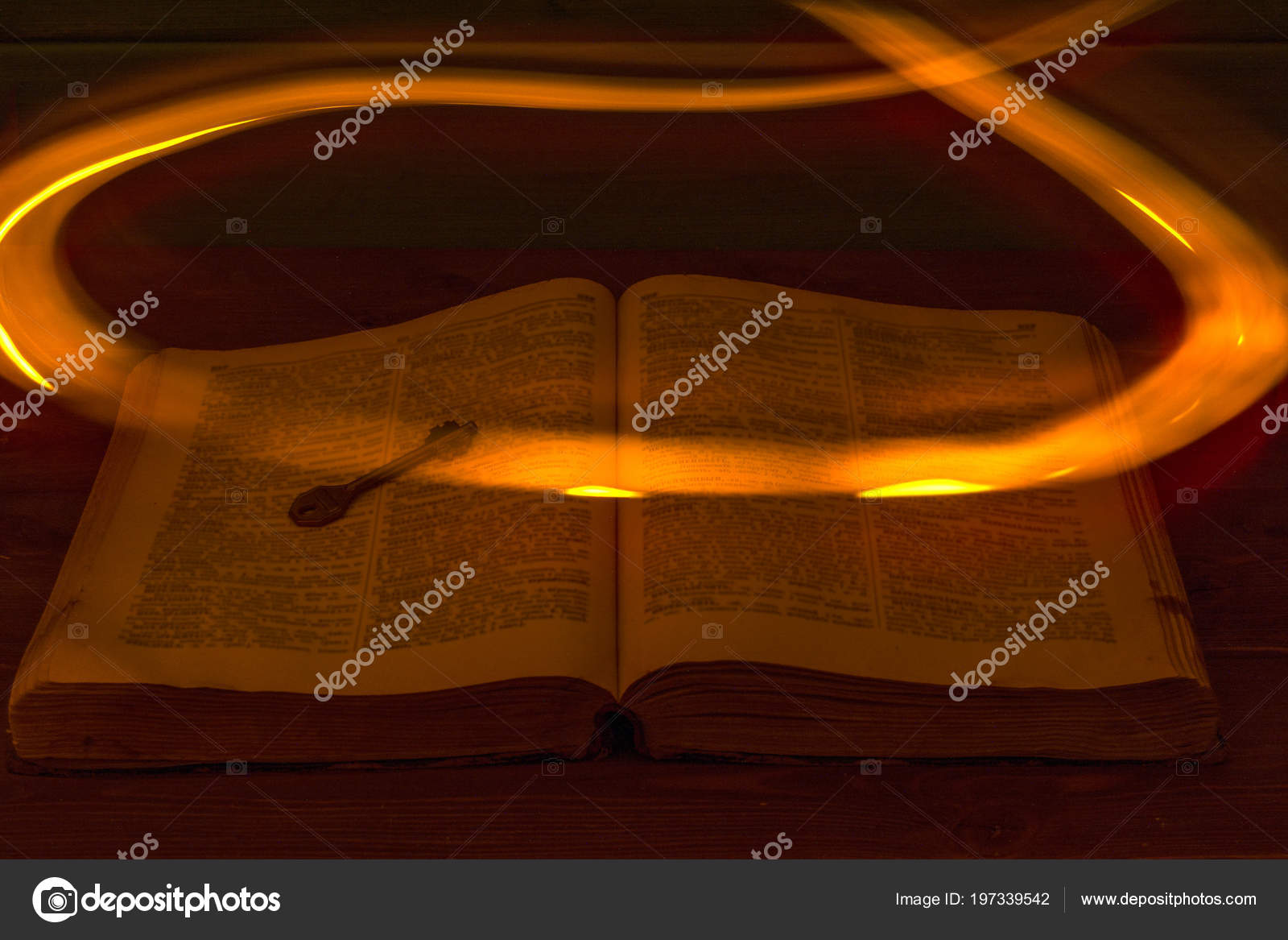 Open Holy Bible Table Ancient Key Fire Flying Bible Illuminates — Stock ...