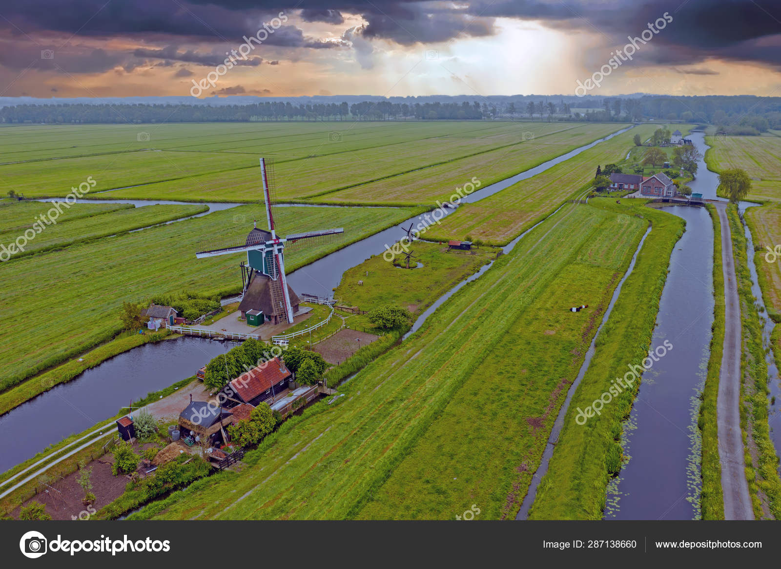 Aerial from a traditoinal windmill in the countryside from the N ...