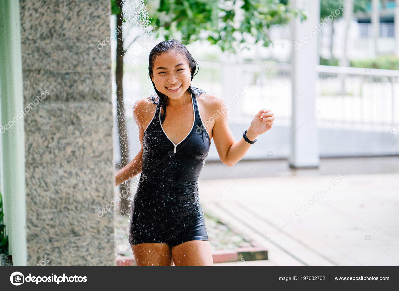 Portrait Young Chinese Asian Girl Taking Shower Poolside Her Swim Stock