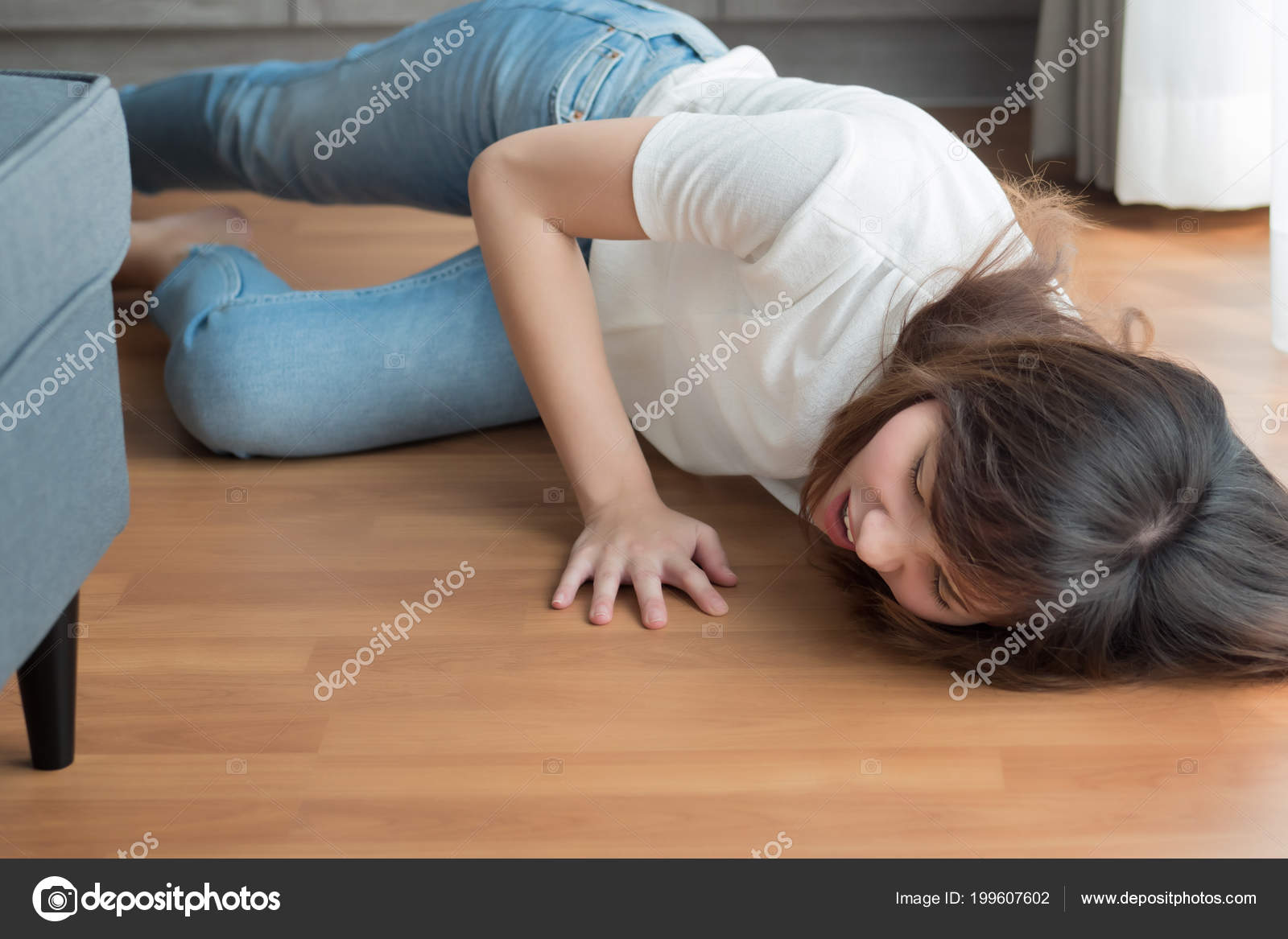 Injured Woman Falls Due Slippery Floor Portrait Asian Woman Falling ...