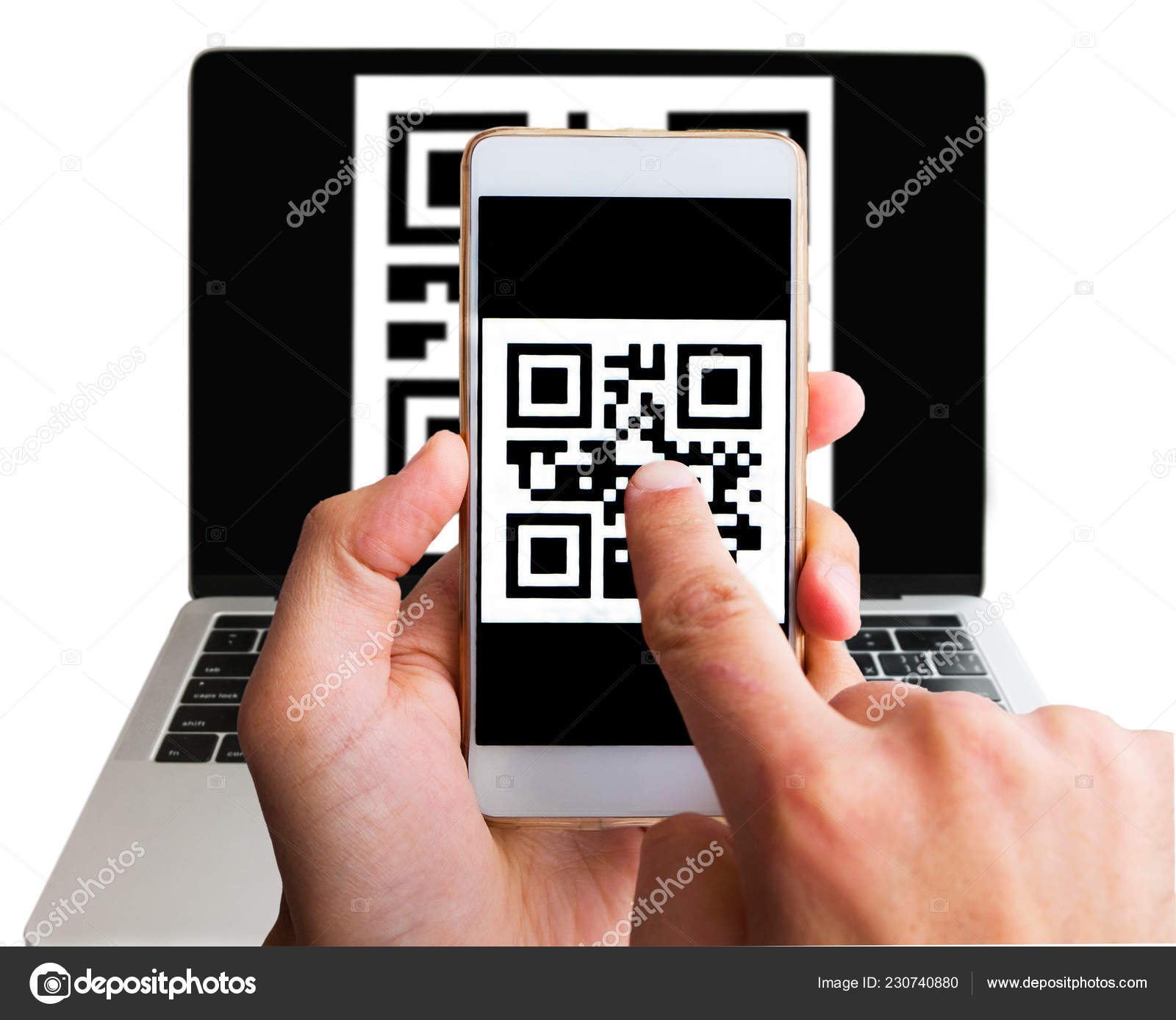 Scanning Barcode Laptop Using Smartphone Close Two Man Hands Holding ...