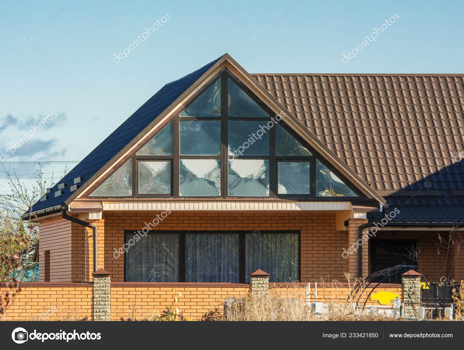 Attic Panoramic Window Roof Brick Mansion Front View Clear Blue Stock ...