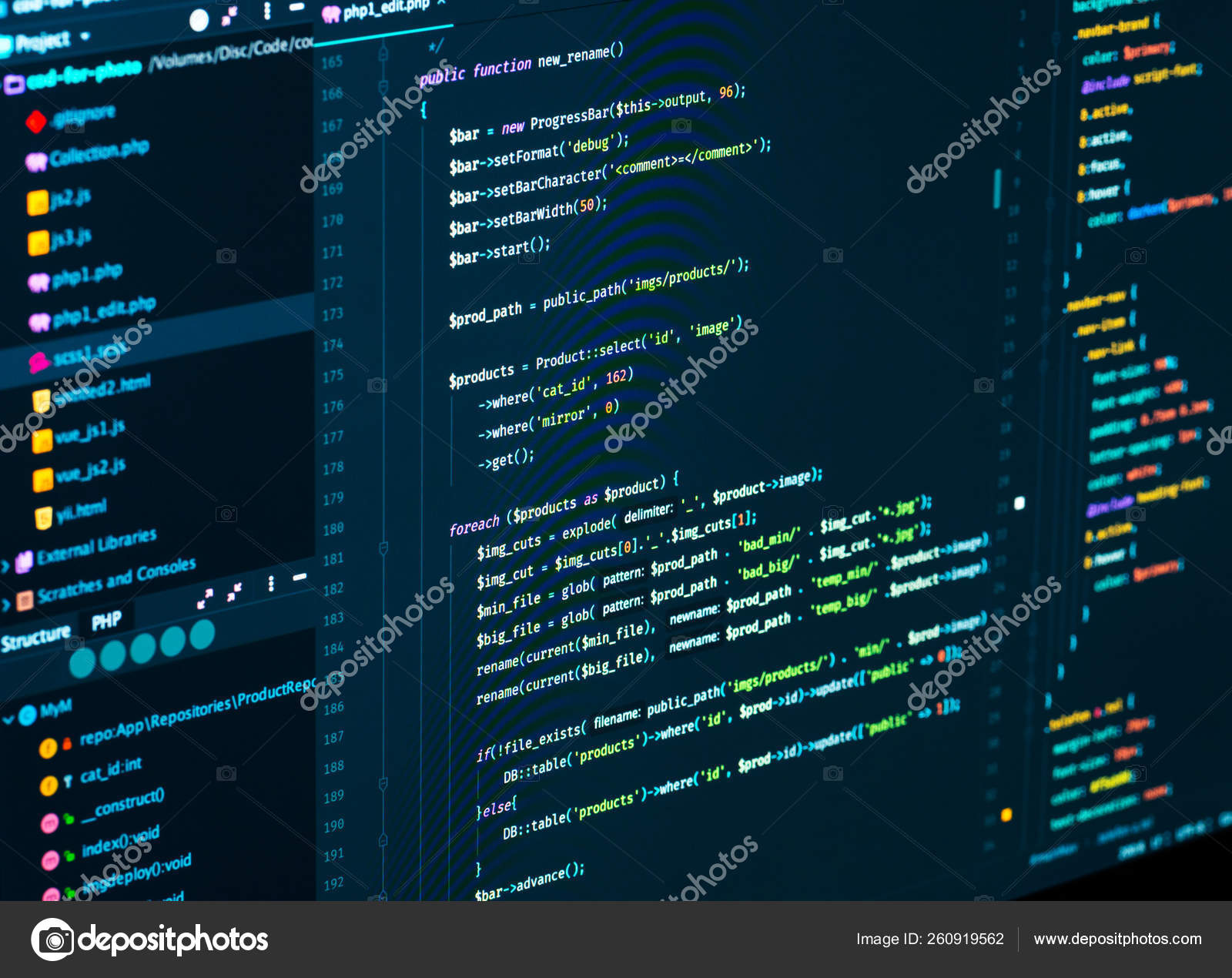 Исходный код Программный код Splitting Of Css And Php Code On Computer Screen Close Seup