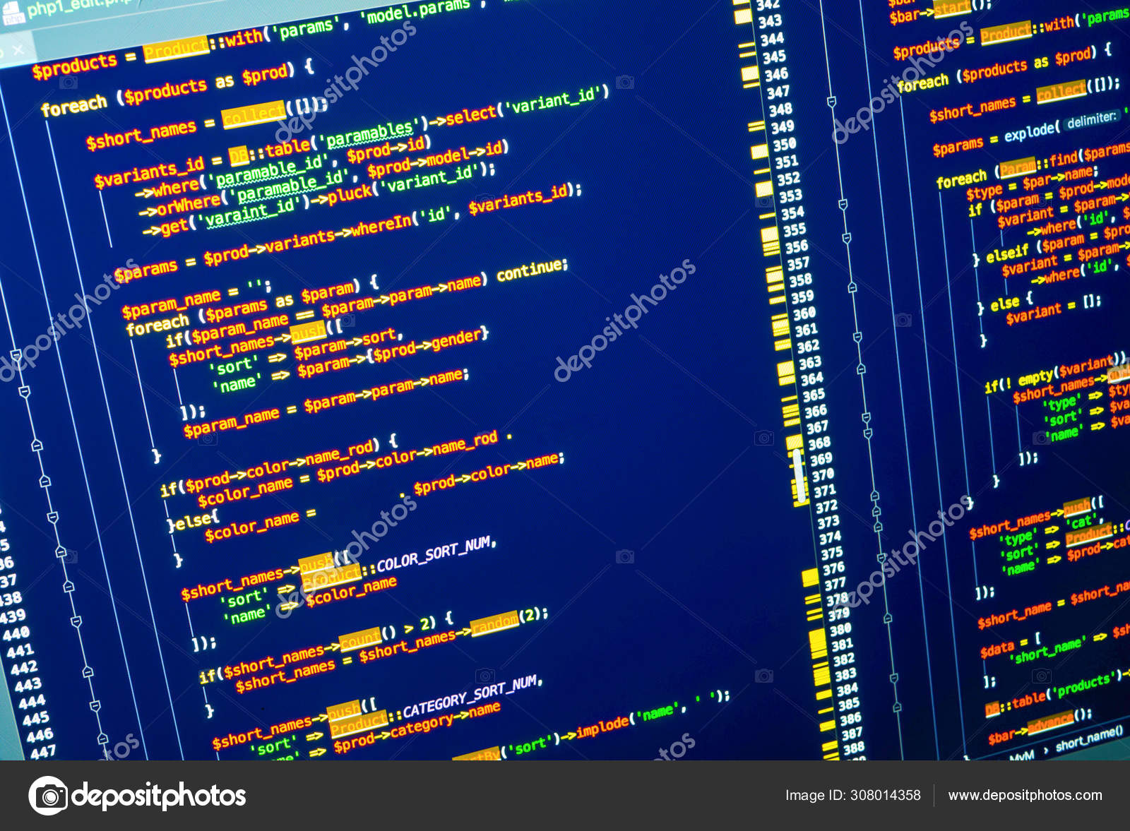 Programming. Web developing on the php language. Orange PHP on dark blue background, macro ...