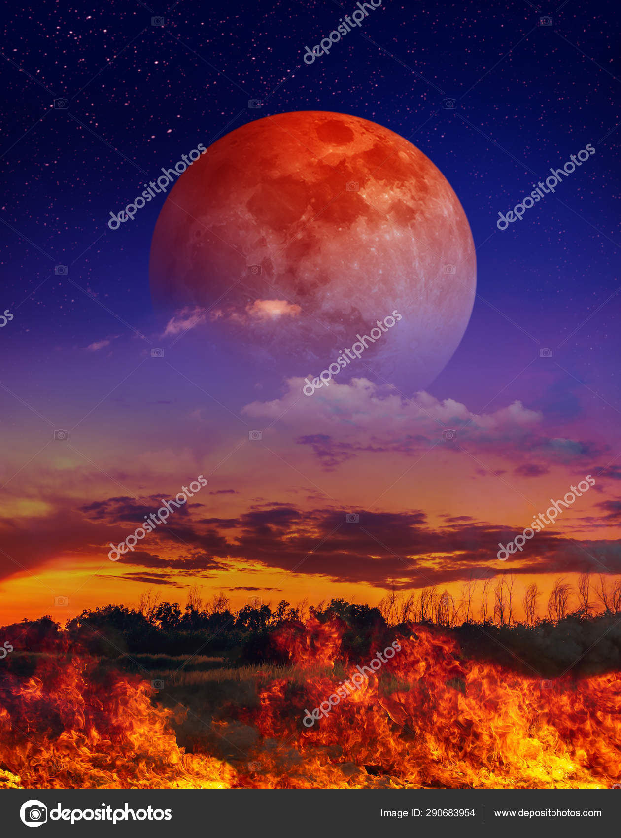 Moon eclipse. Landscape of sky with supermoon and many stars abo ...