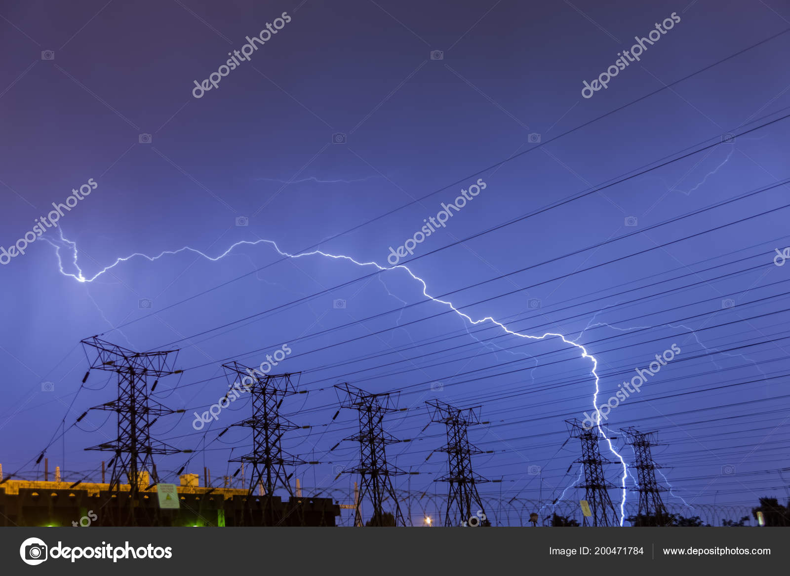Lightning Strike Electricity Power Lines Sub Station Suburban Area ...