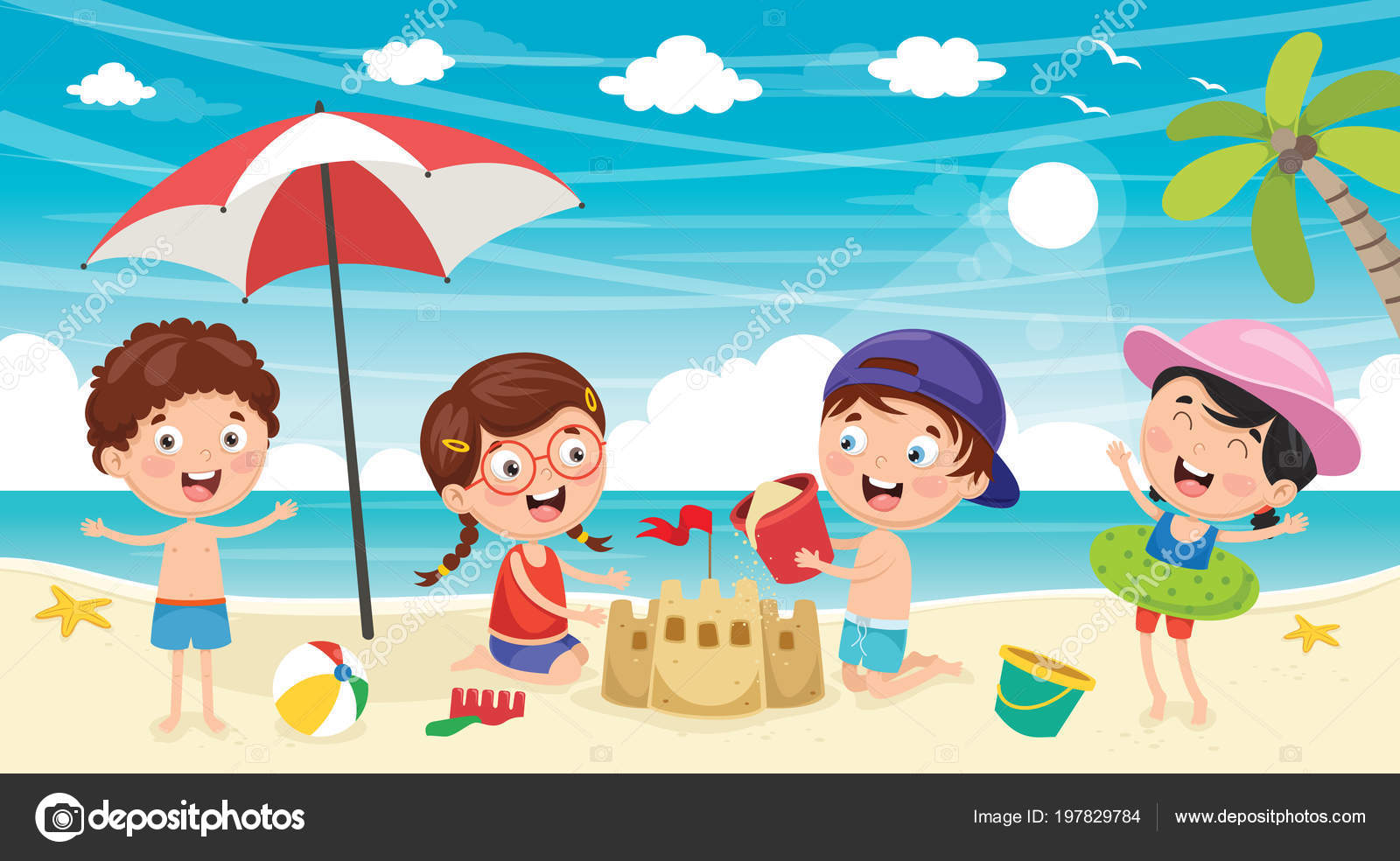 Kids Playing At The Beach Clip Art