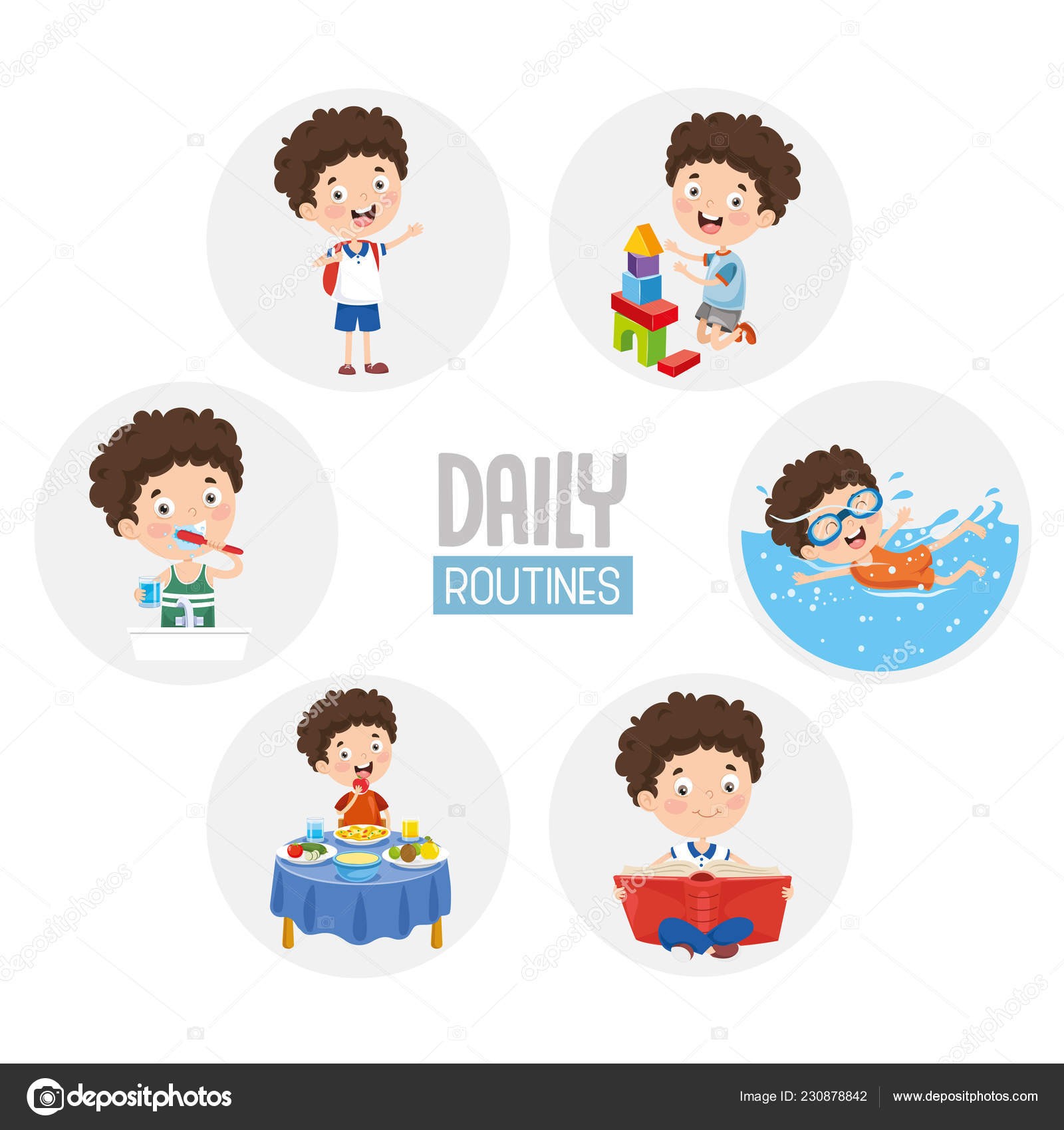 Vector Illustration Of Kid Daily Routine Activities Stock Kids Daily