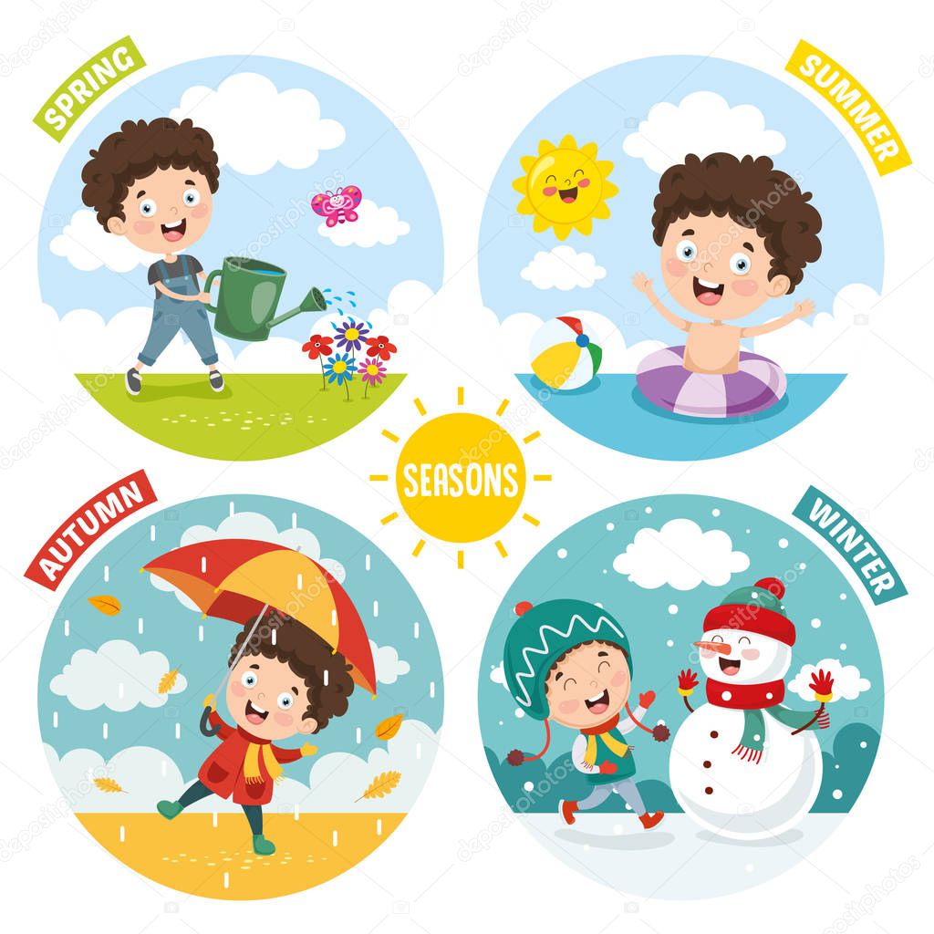 Ilustración vectorial de niño y cuatro estaciones 2022