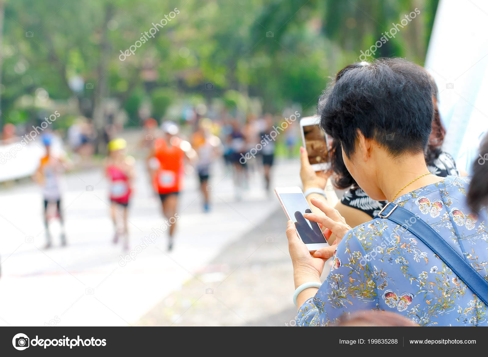 Group People Cheer Marathon Runners Outdoors City Stock Photo by ...