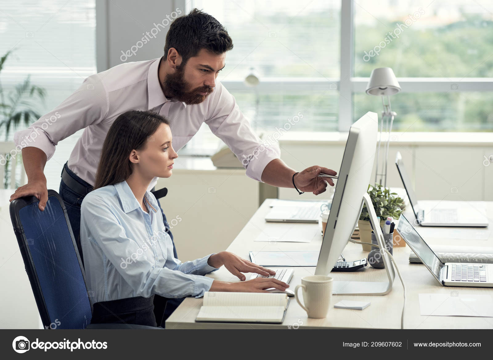 Side View Man Woman Working Desk Modern Office Using Computer Stock ...