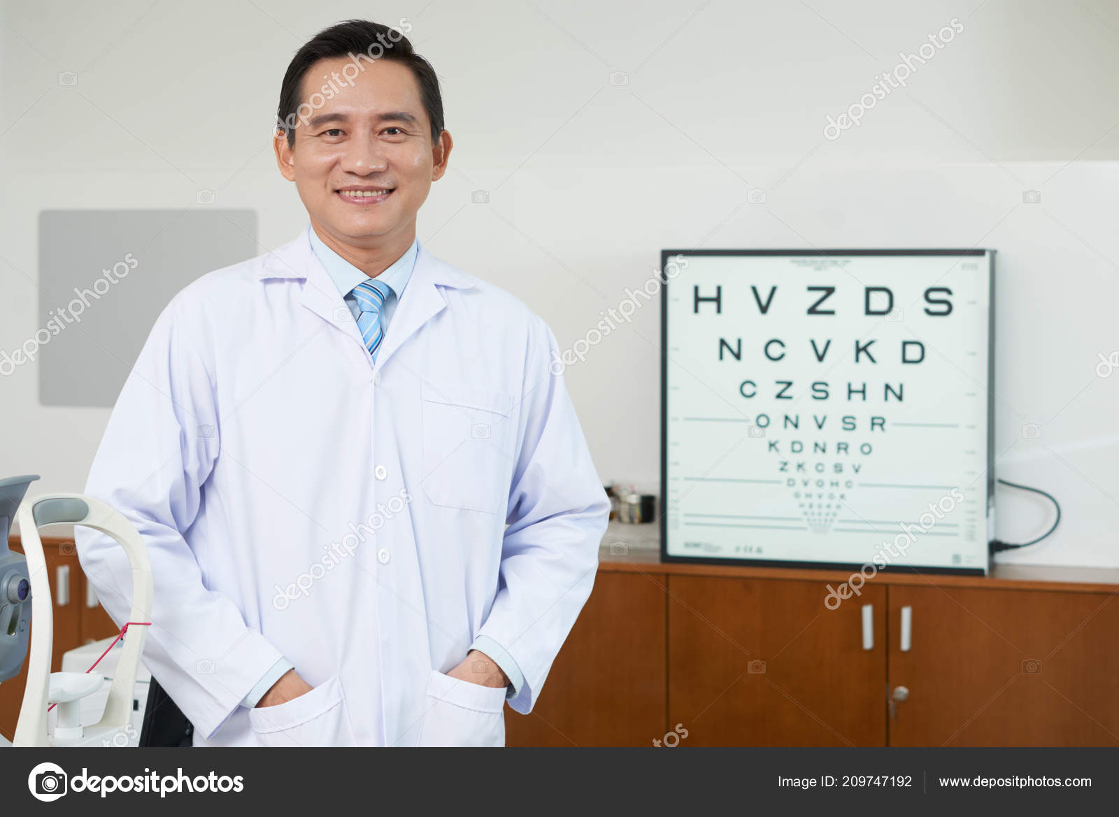 Cheerful Asian Doctor Man Uniform Medic Standing Ophthalmology Cabinet ...