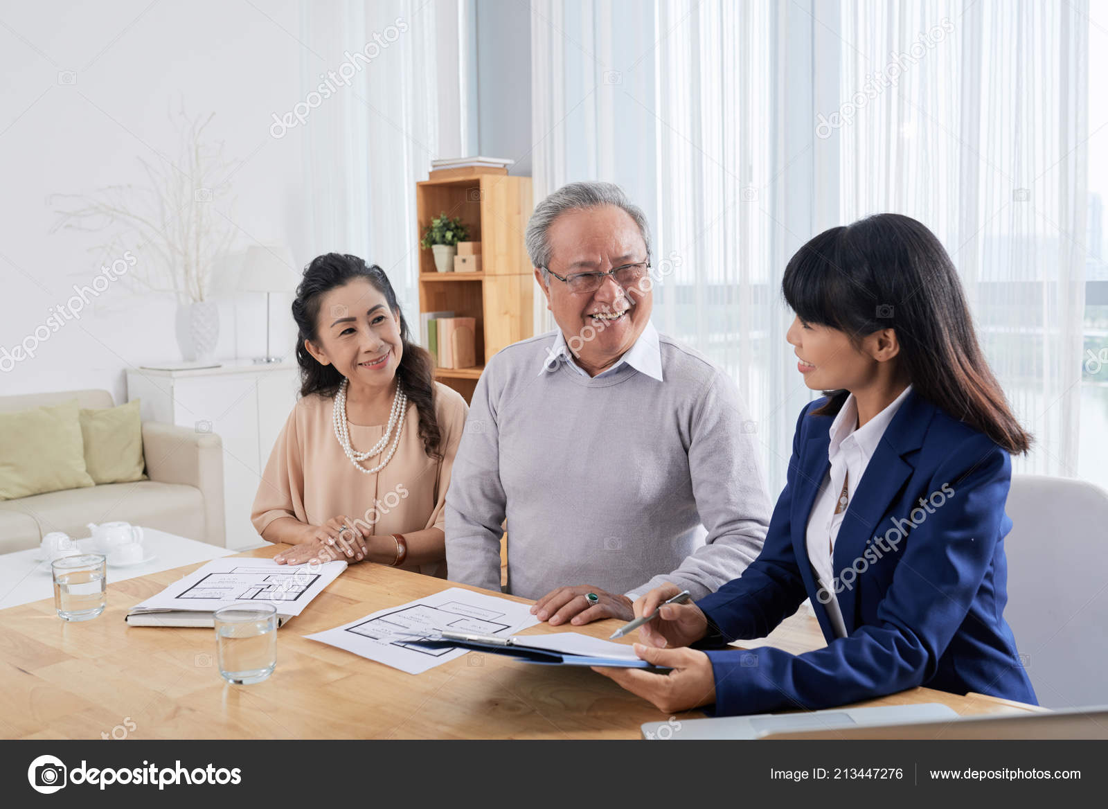 Friendly Asian Estate Agent Sitting Spacious Office Senior Clients ...