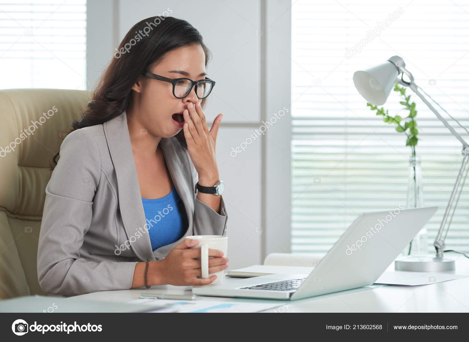 Yawning Woman Entrepreneur Sitting Front Opened Notepad Holding Cup ...