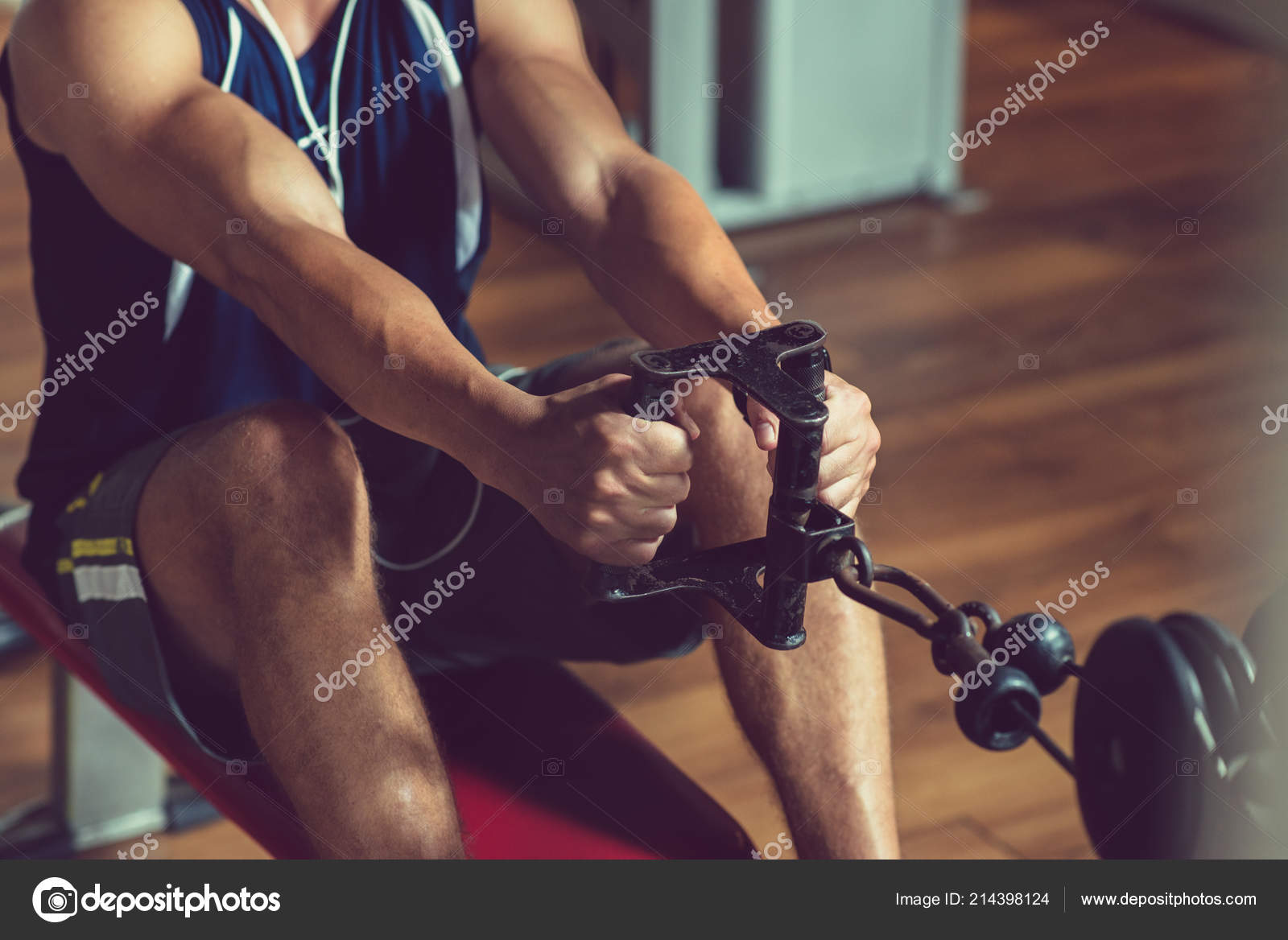 Muscular Man Doing Exercise Rowing Machine Modern Gym Cropped Image ...
