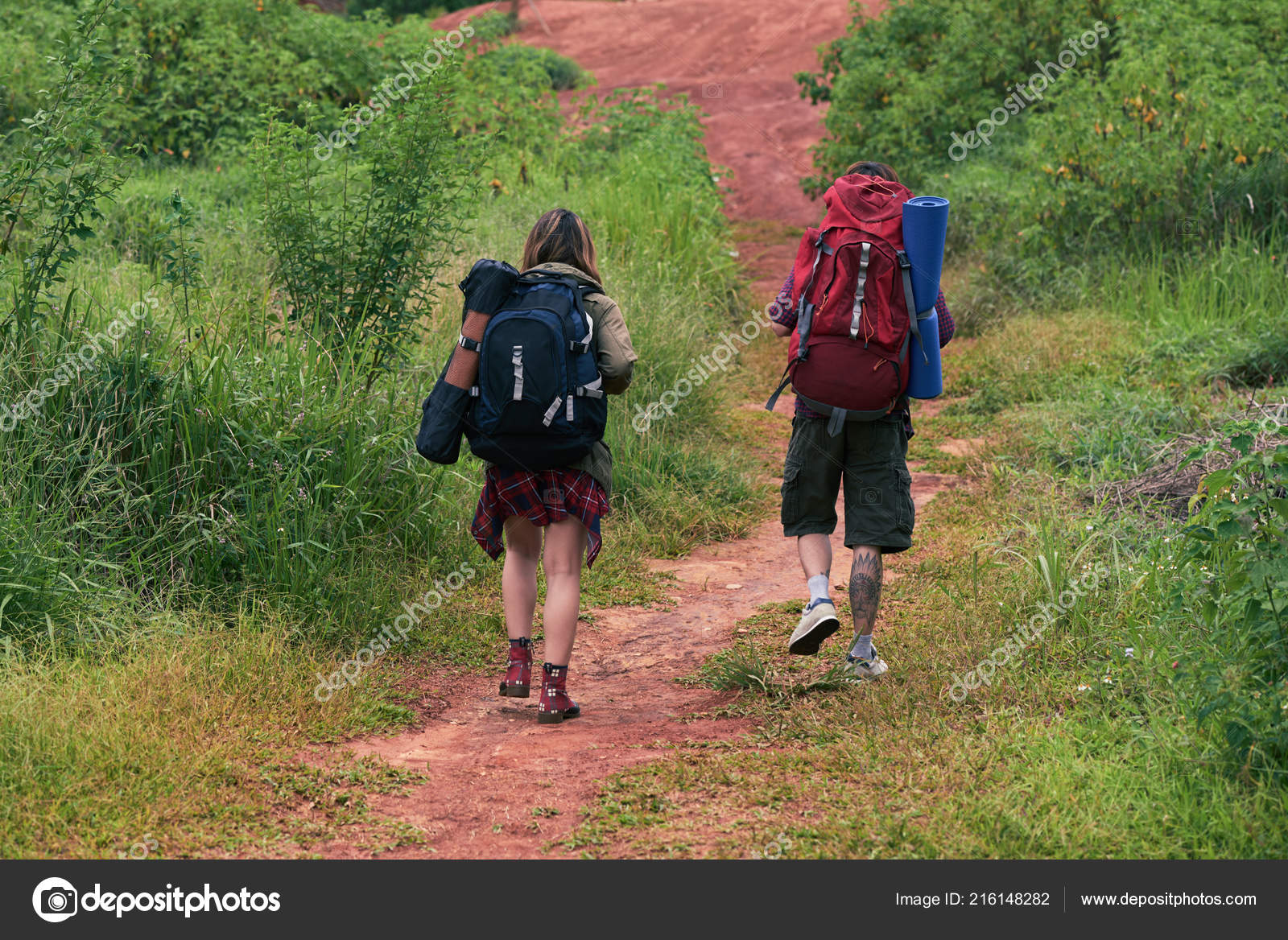 Back View Young Hikers Backpacks Walking Path Bushy Area Stock Photo by ...