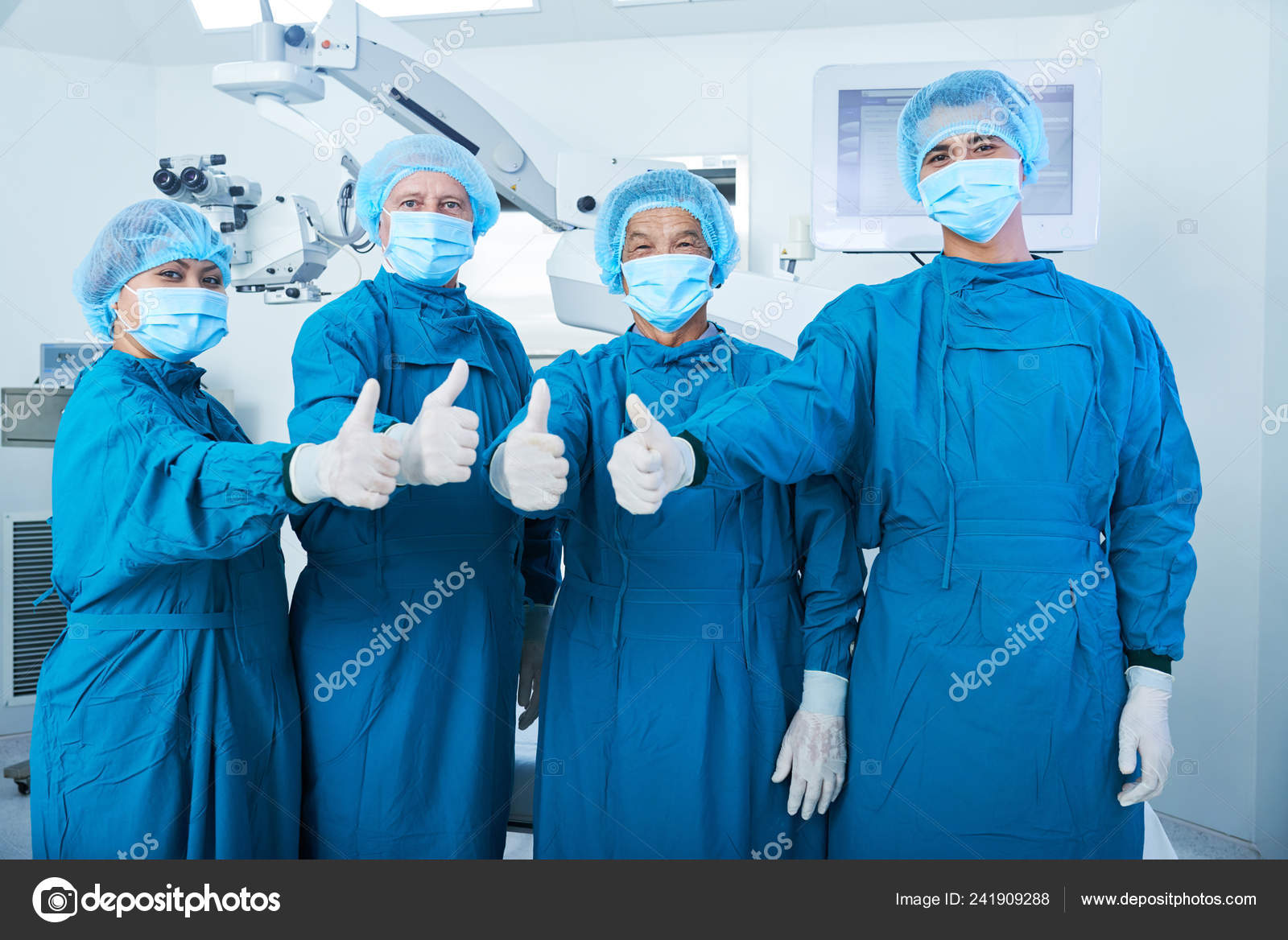 Asian Surgical Team Masks Uniform Looking Camera Showing Thumb Gesture ...