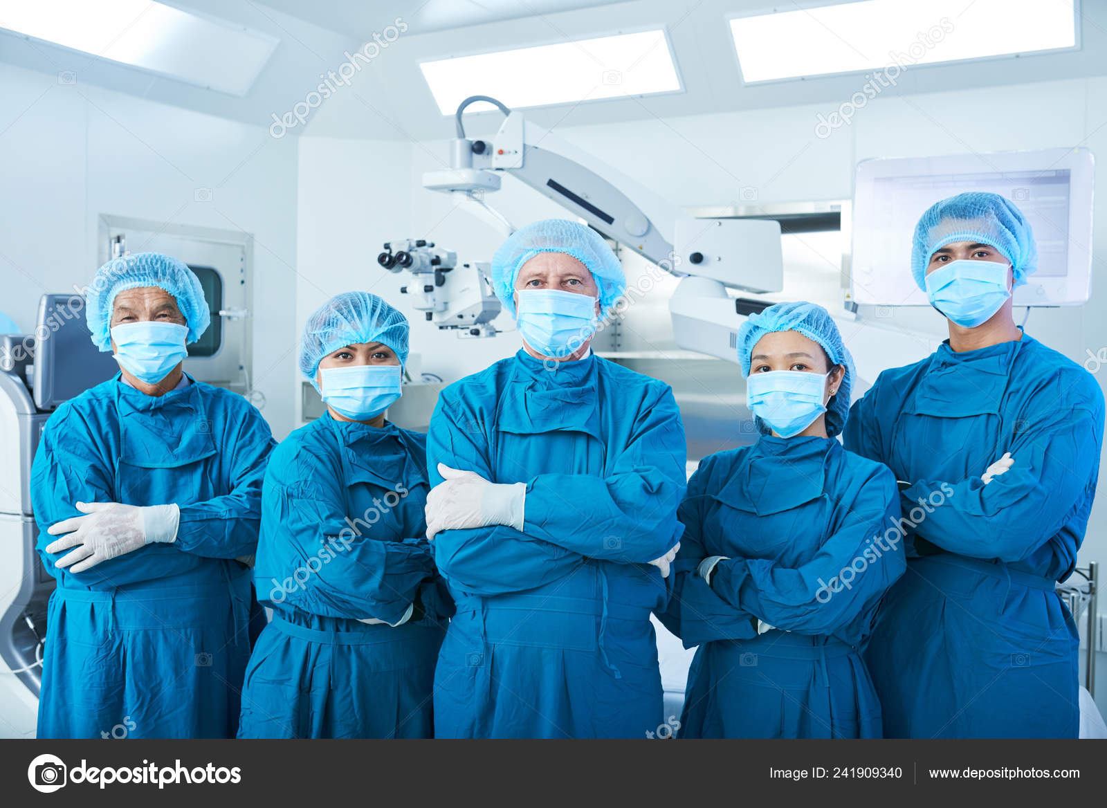 Asian Surgical Team Masks Uniform Keeping Arms Crossed Looking Camera ...