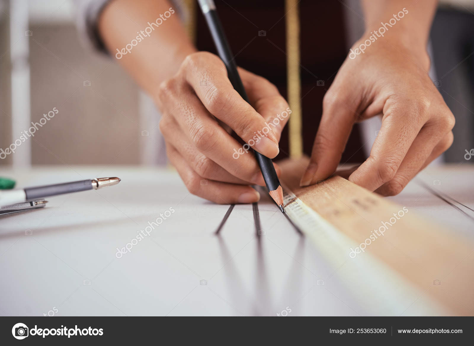 Crop Hands Fashion Designer Using Ruler Pencil Draw Lines Custom Stock ...