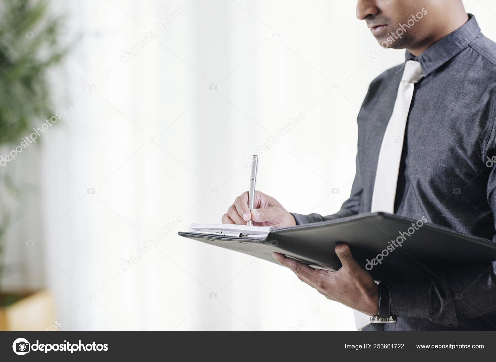 Side View Serious Businessman Inspector Filling Document Big Leather ...