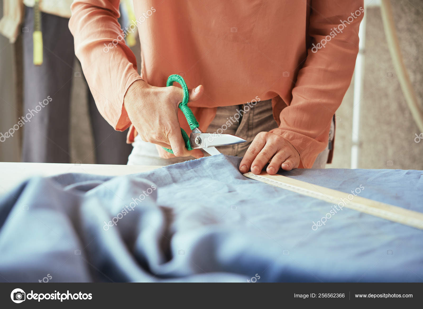 Hands Female Tailor Cutting Cotton Fabric New Fashion Collection Stock ...