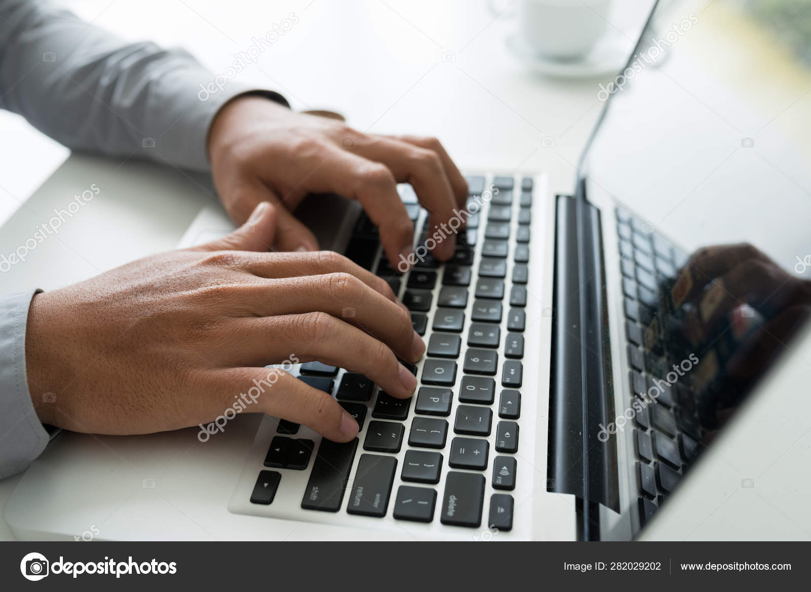 Crop Shot Man Typing Laptop Keyboard Working Table Daylight Stock Photo ...