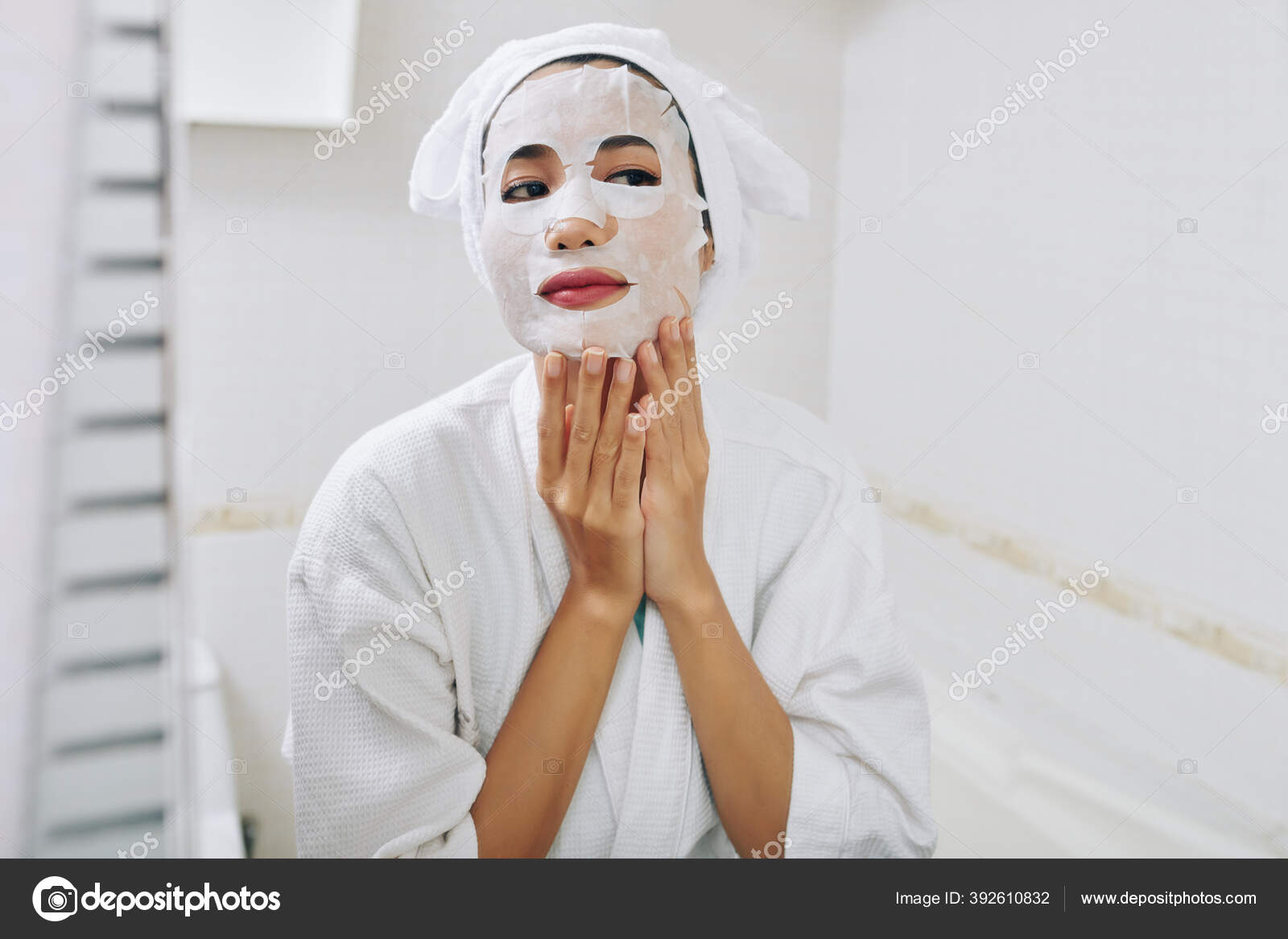 Beautiful Young Woman Applying Sheet Mask Her Face Taking Shower Stock ...