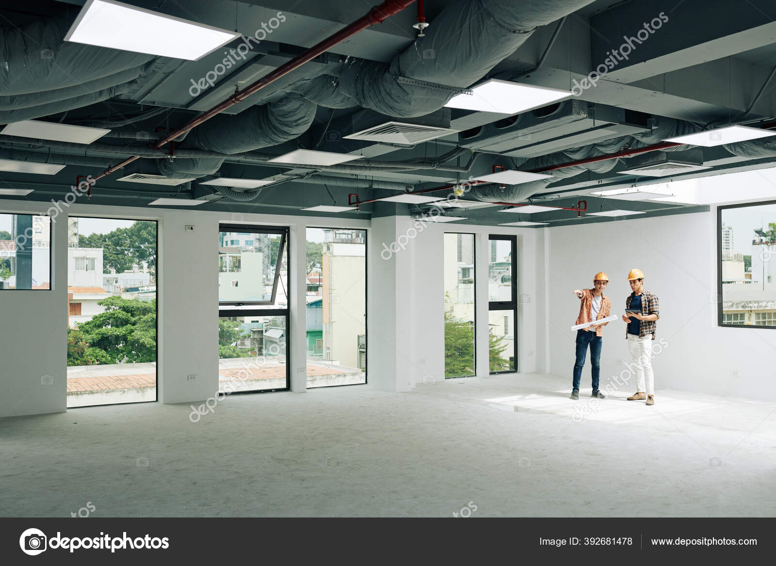 Horizontal Extreme Long Shot Two Modern Architects Standing Together ...