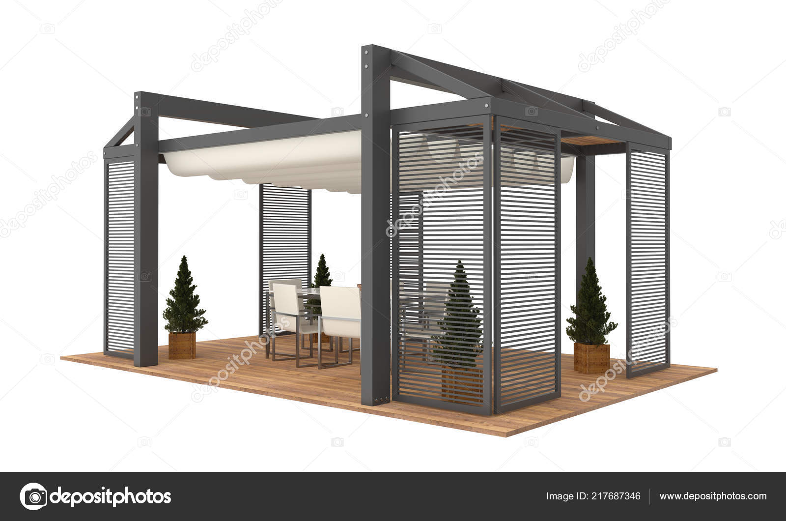 Render Modern Luxury Garden Pergola Plants Furniture Isolated White ...