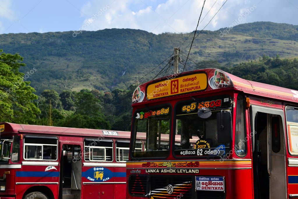 Sri Lanka - Marzo de 2017: Autobuses rojos en una estación de autobuses ...