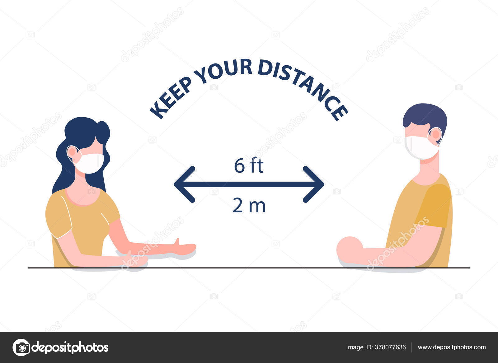 Two People Man Woman Wearing Masks Keep Distance Signage Flat Stock ...