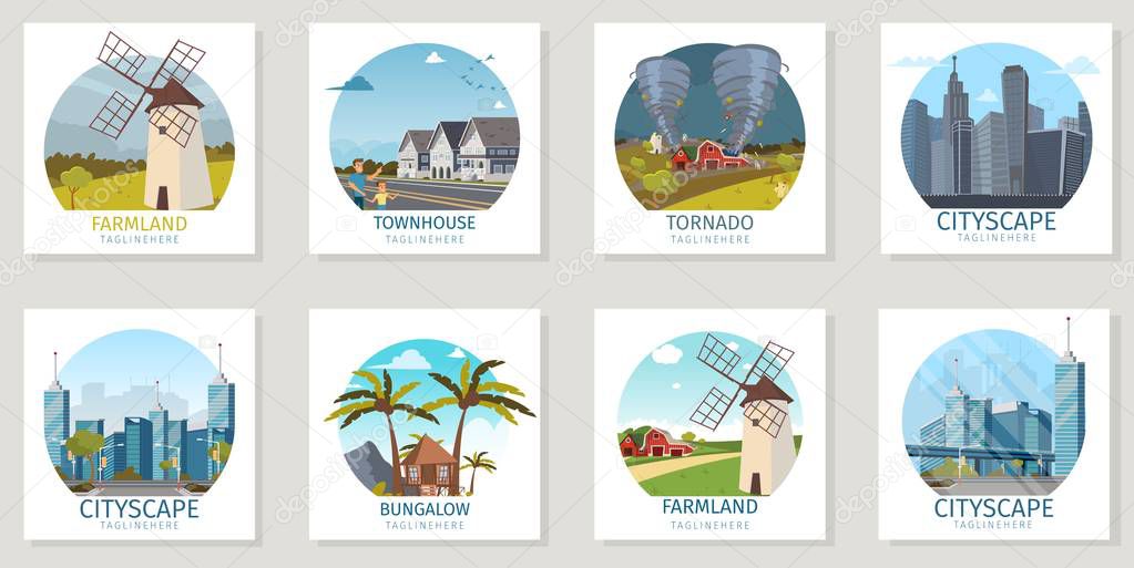 Conjunto de ilustraciones iconos paisajes urbanos y rurales 2023