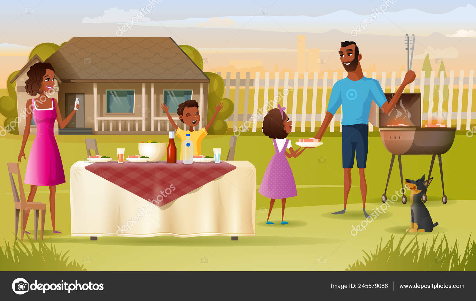 Cartoon Family At Picnic Table