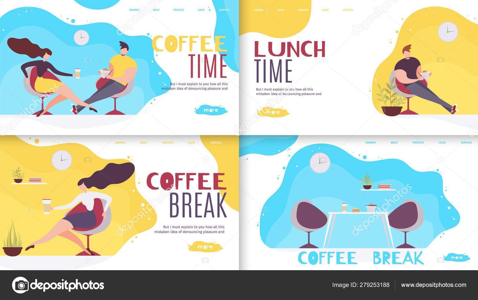 Break and Rest Time in Office Landing Page Set Stock Vector Image by ...
