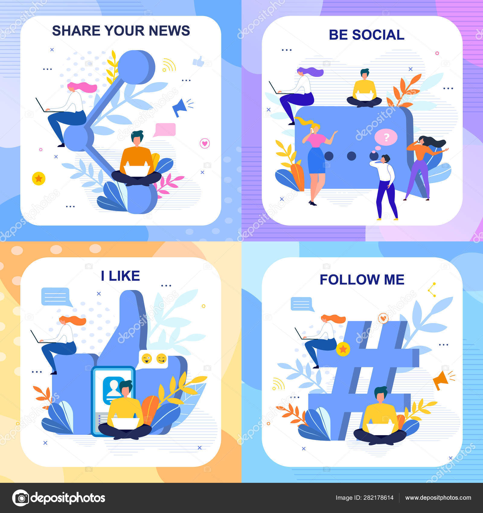 Flat Social Lettering Cards Set in Floral Style Stock Vector Image by ...