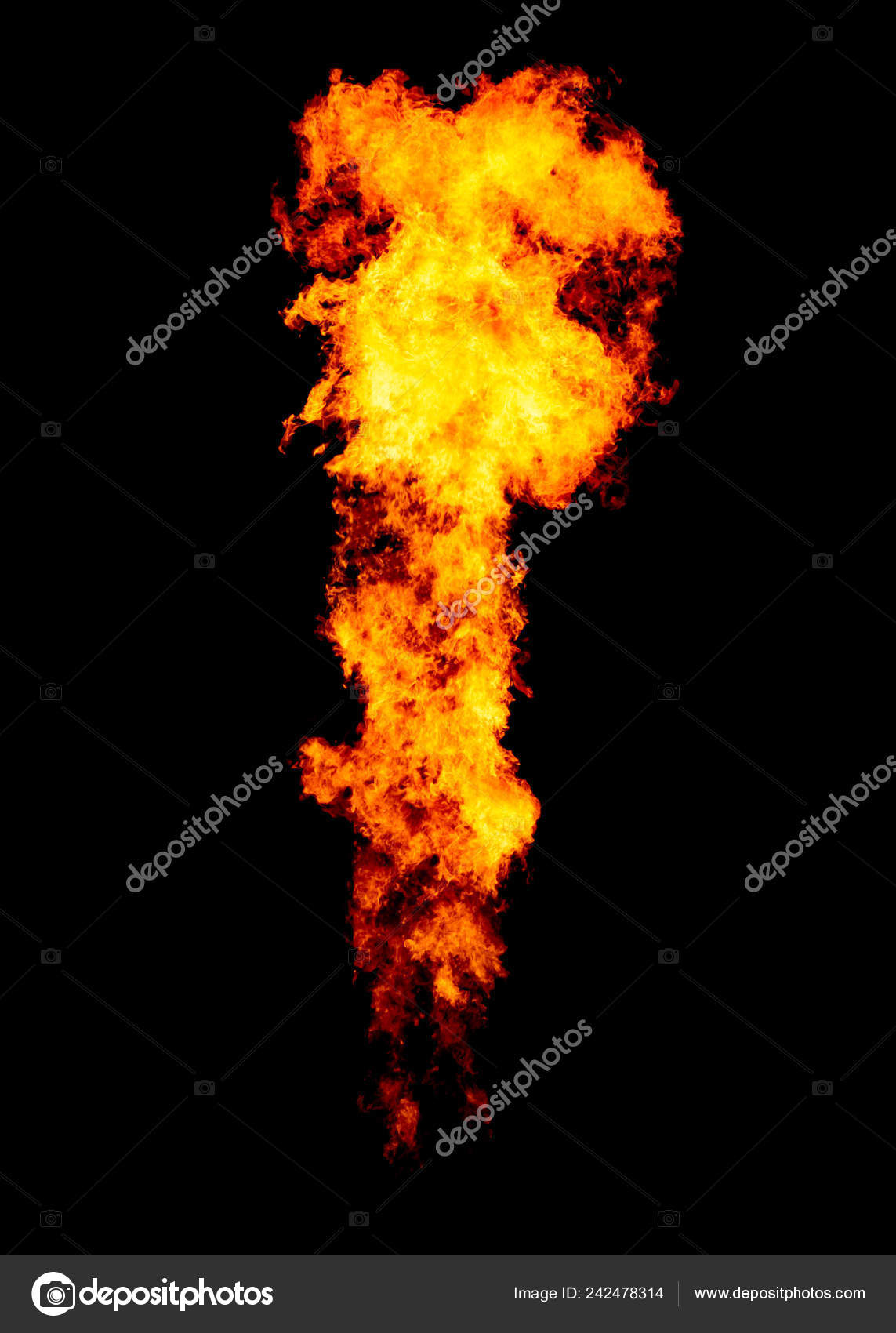 Bright Flame Pillar Powerful Jet Goes Flamethrower Isolated Black Stock ...