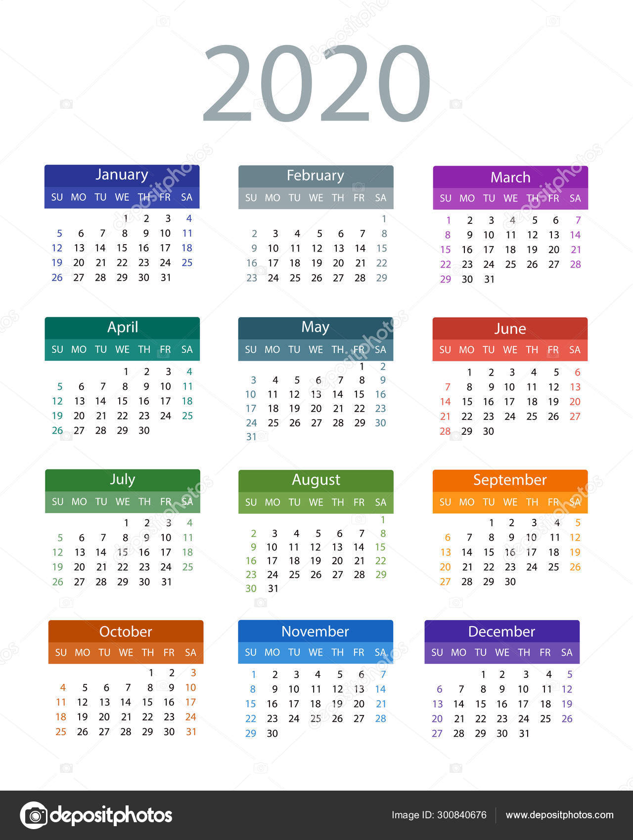 Calendar 2020. Week starts on Sunday.Colorful design on white ...