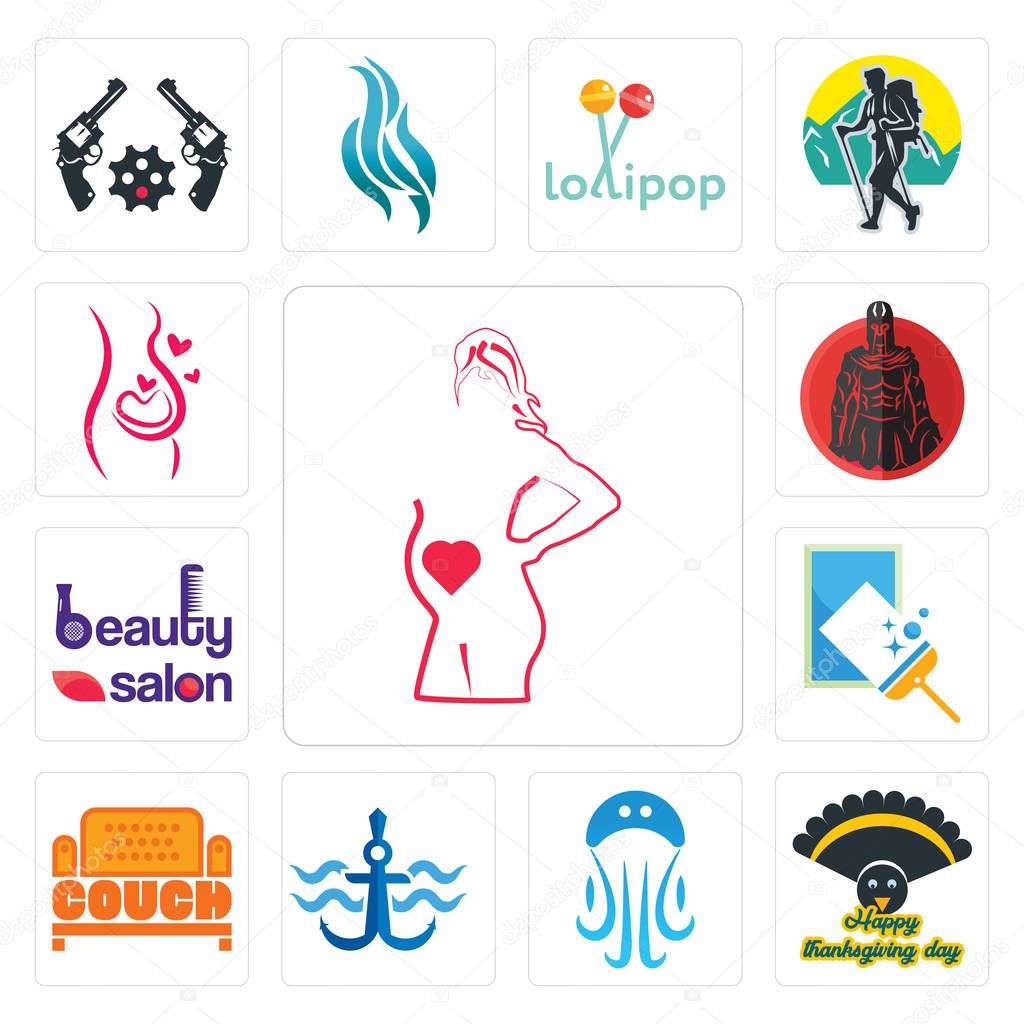 Set de 13 iconos editables simples como maternidad, acci n de gracias, medusas, ancla marina ...
