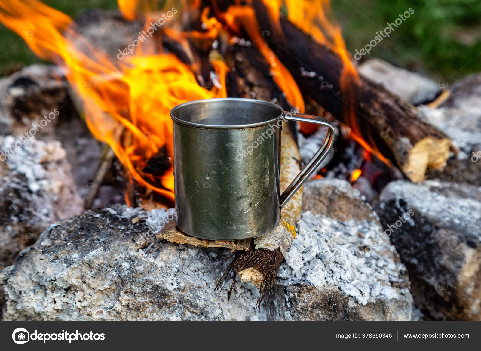 Steel Cup Open Fire Nature Cooking Fire Camping Summer — Stock Photo ...