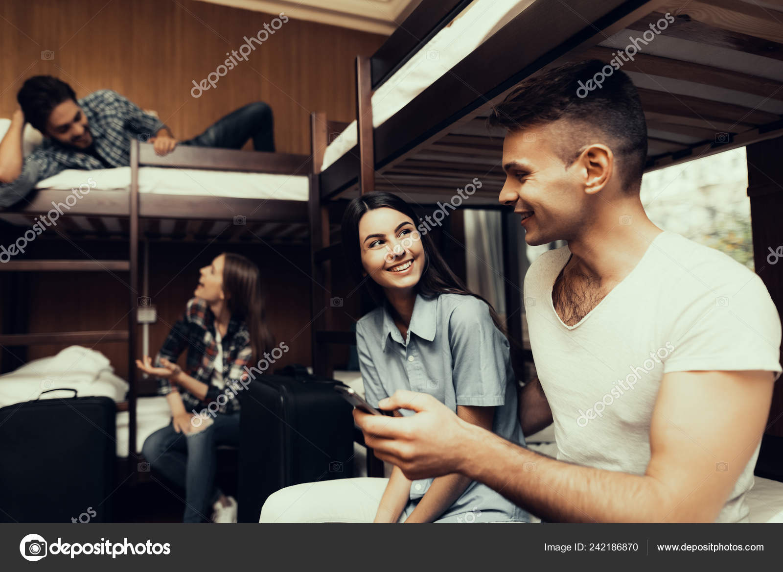 Hostel Young People Best Friends Traveling Small Room Hostel Spend ...